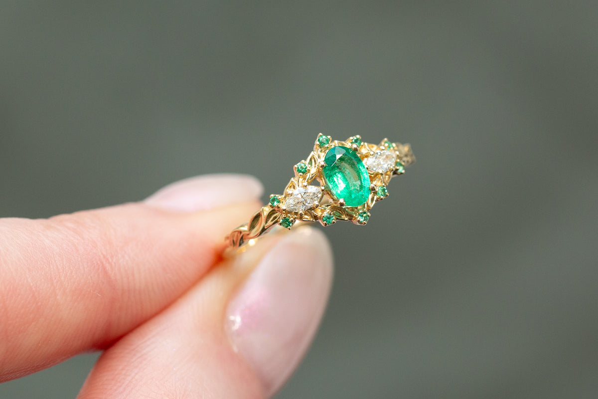 READY TO SHIP - Size 7.25, 14k yellow Briar Rose Three Stone – Oore Jewelry