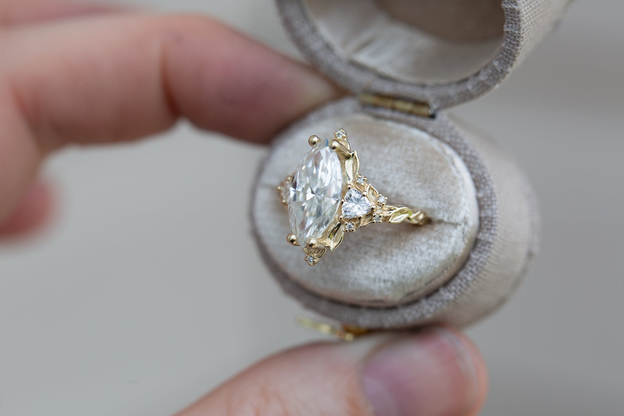 Briar three stone with 2ct marquise moissanite – Oore jewelry