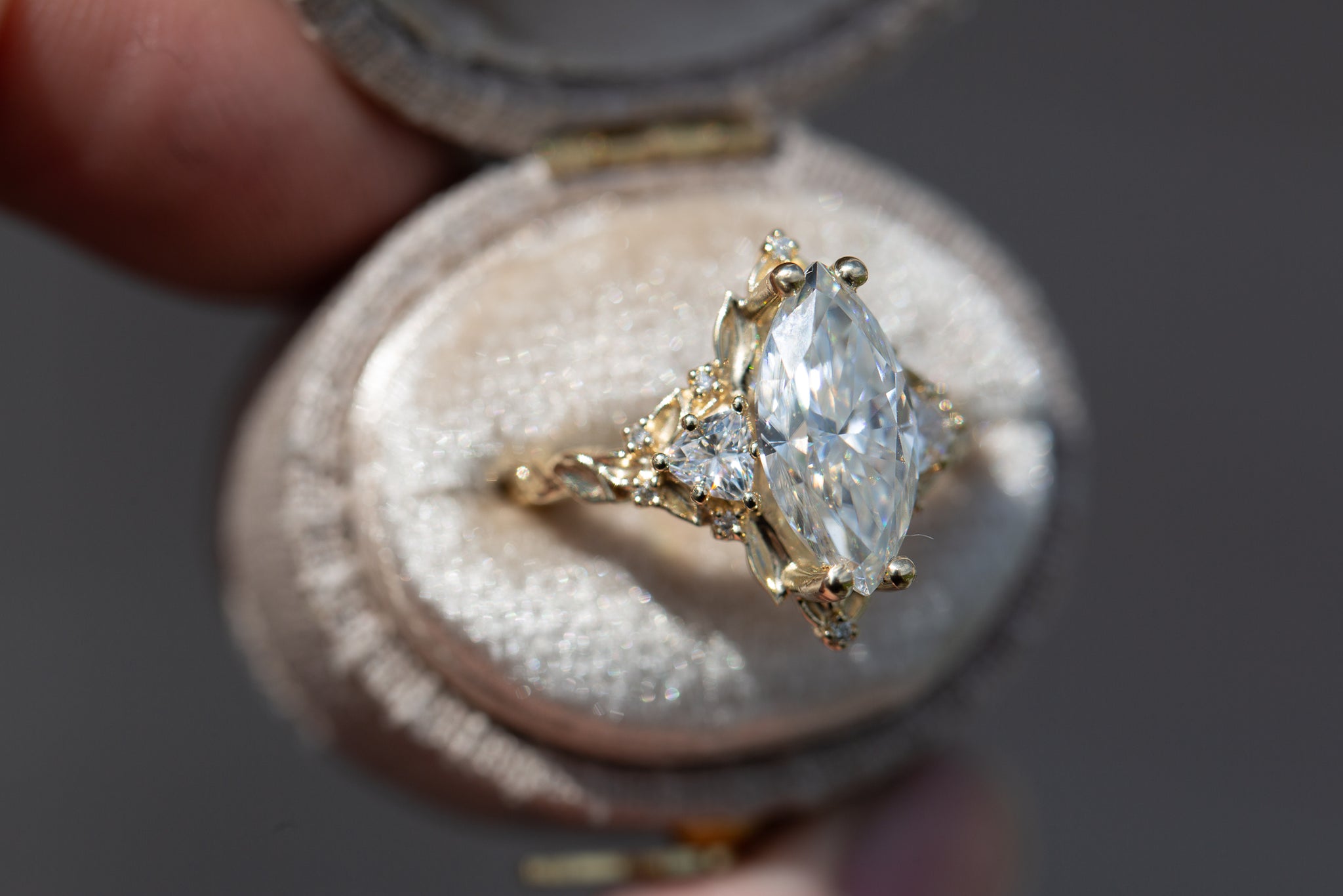 Briar three stone with 2ct marquise moissanite – Oore jewelry