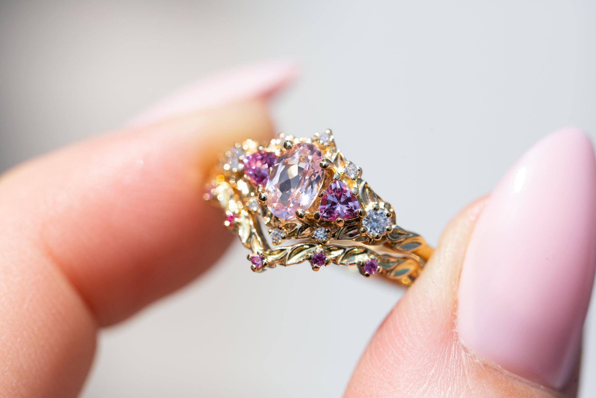 Briar rose five stone setting with lab pink sapphire – Oore jewelry