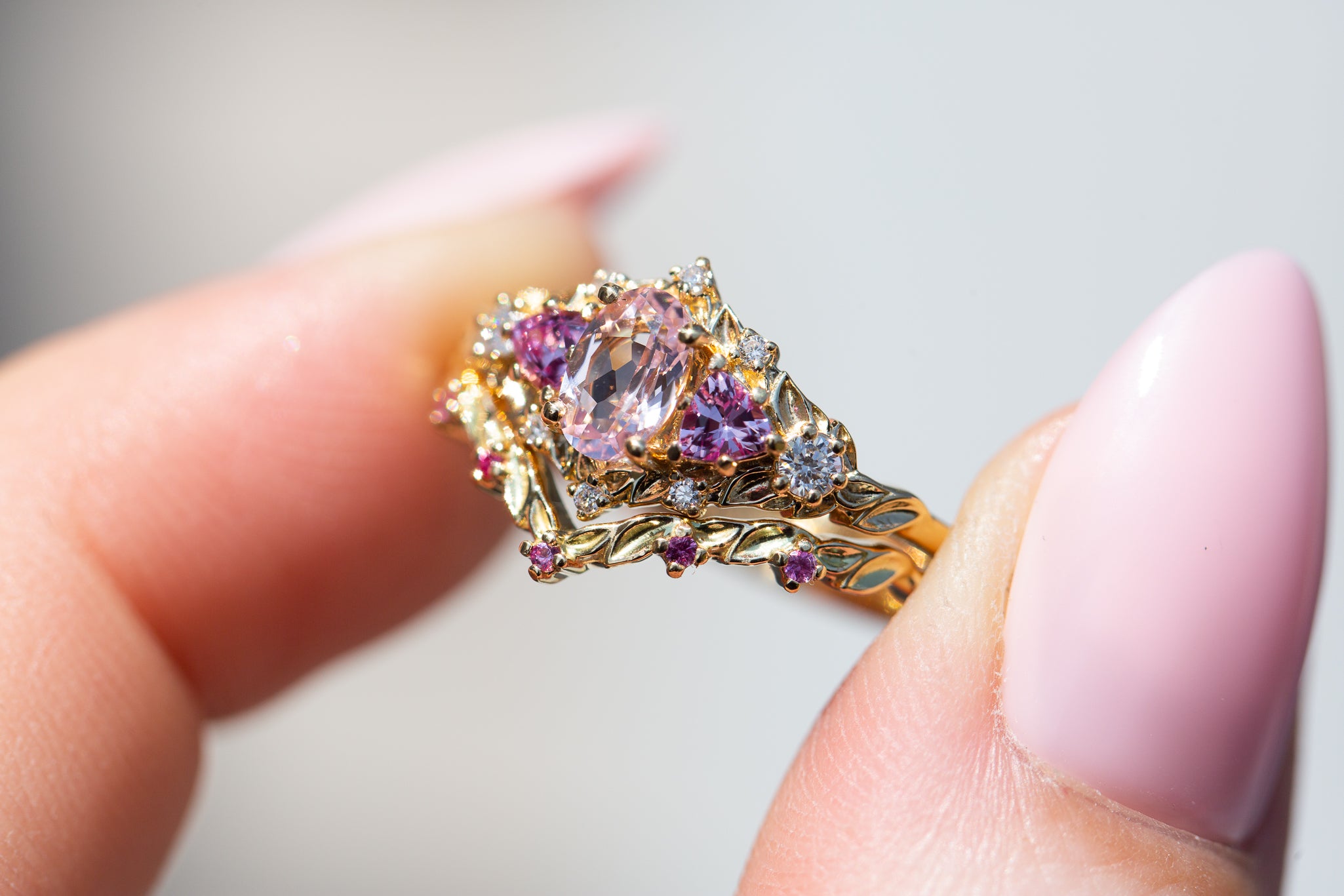 Briar rose five stone setting with lab pink sapphire – Oore jewelry