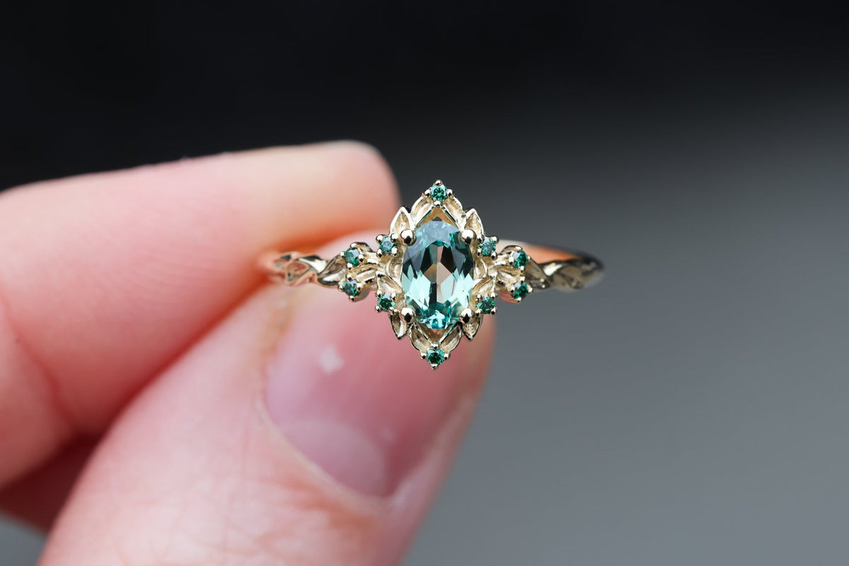 Ready to ship, Size 6.75 14k yellow, Briar rose halo with lab green sa ...