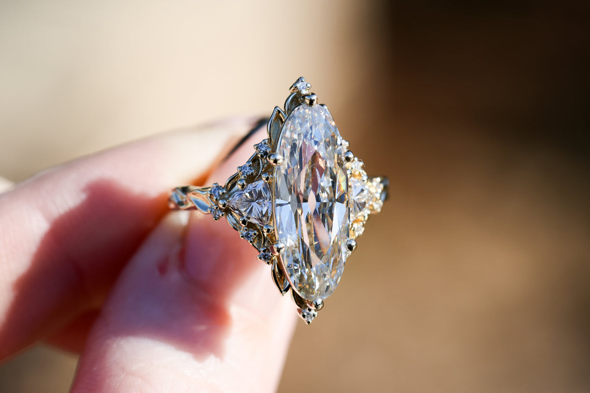 Ready to ship, Size 7.5 14k yellow, Briar rose three stone – Oore Jewelry