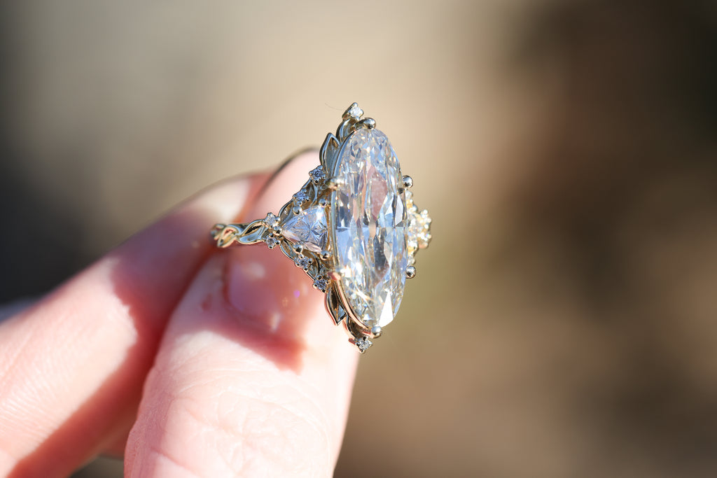 Ready to ship, Size 7.5 14k yellow, Briar rose three stone – Oore Jewelry