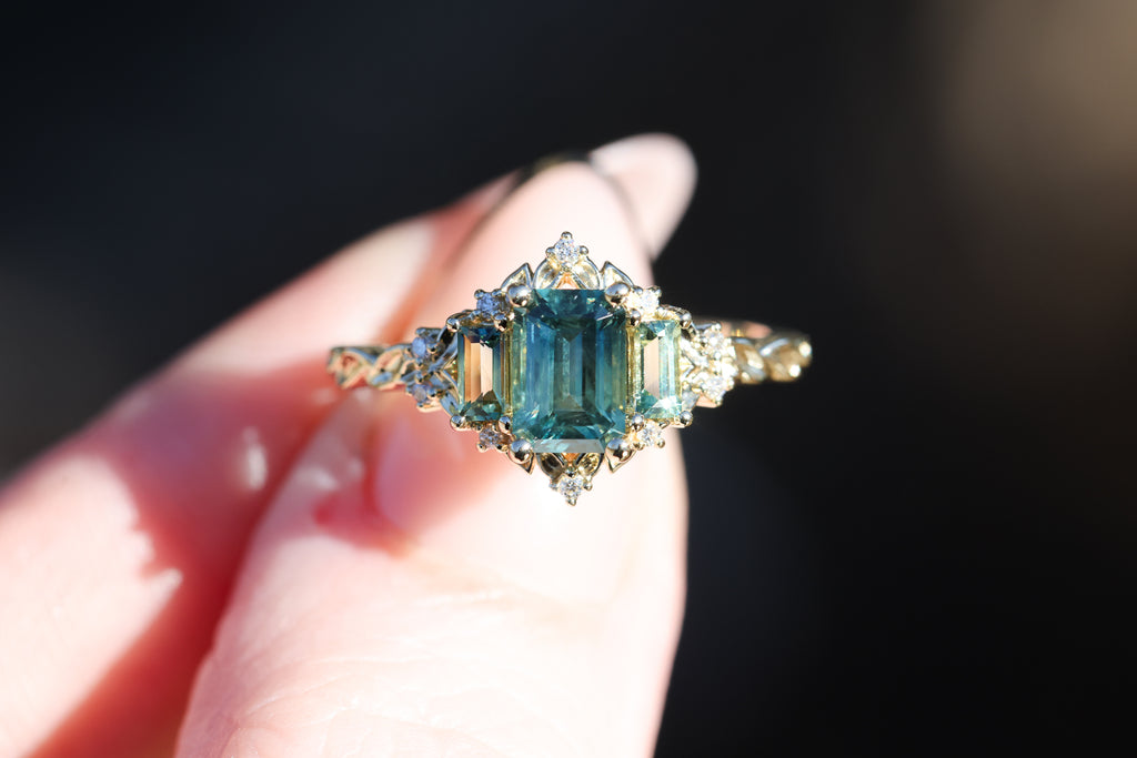 Ready to ship, Size 7.5 14k yellow, Briar rose three stone – Oore Jewelry