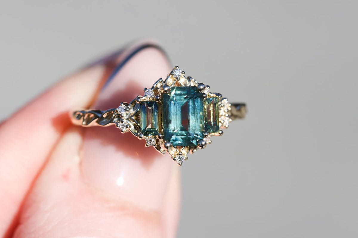 Ready to ship, Size 7.5 14k yellow, Briar rose three stone – Oore Jewelry