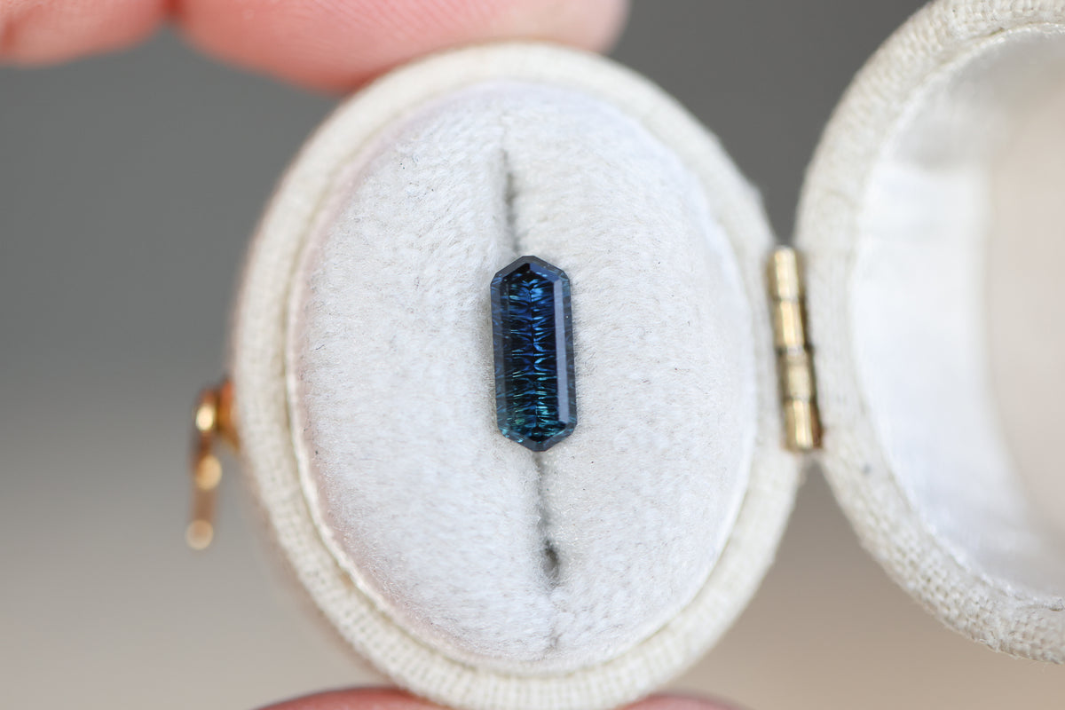 1.25ct hexagon blue sapphire, Deep Concave cut by John Dyer – Oore Jewelry