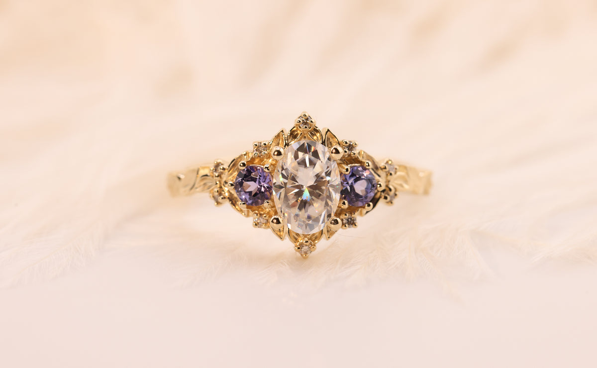 Ready to ship, Size 6.75 14k yellow, Briar rose three stone – Oore Jewelry