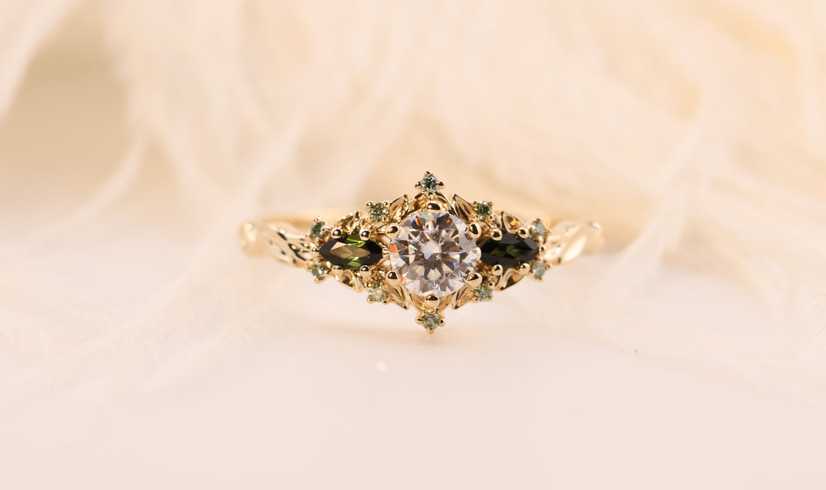 Ready to ship, Size 9 14k yellow, Briar rose three stone – Oore Jewelry