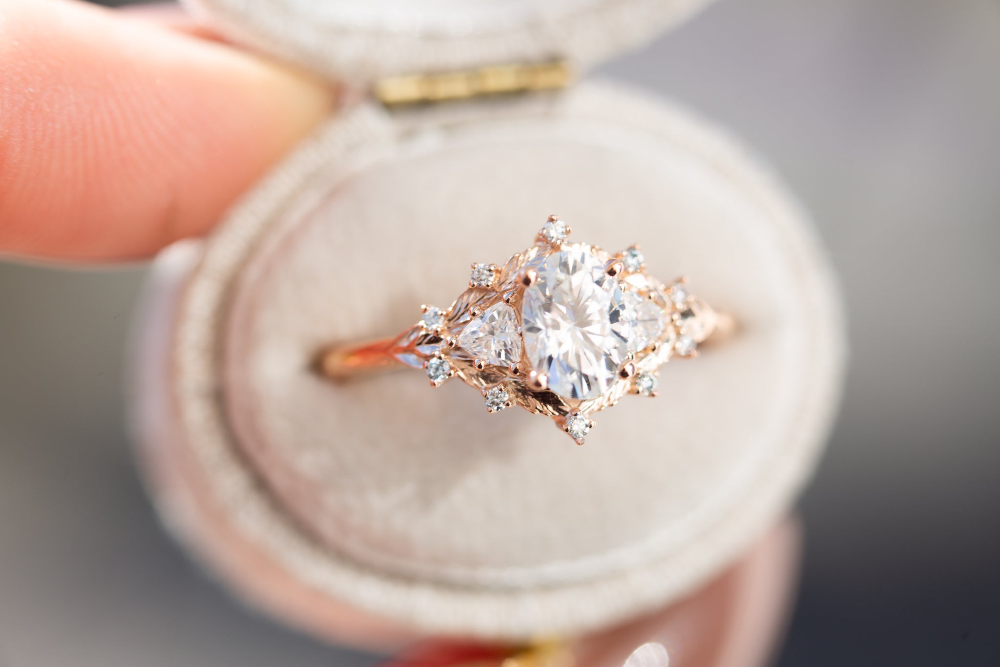 Woodland three stone setting with oval moissanite – Oore jewelry