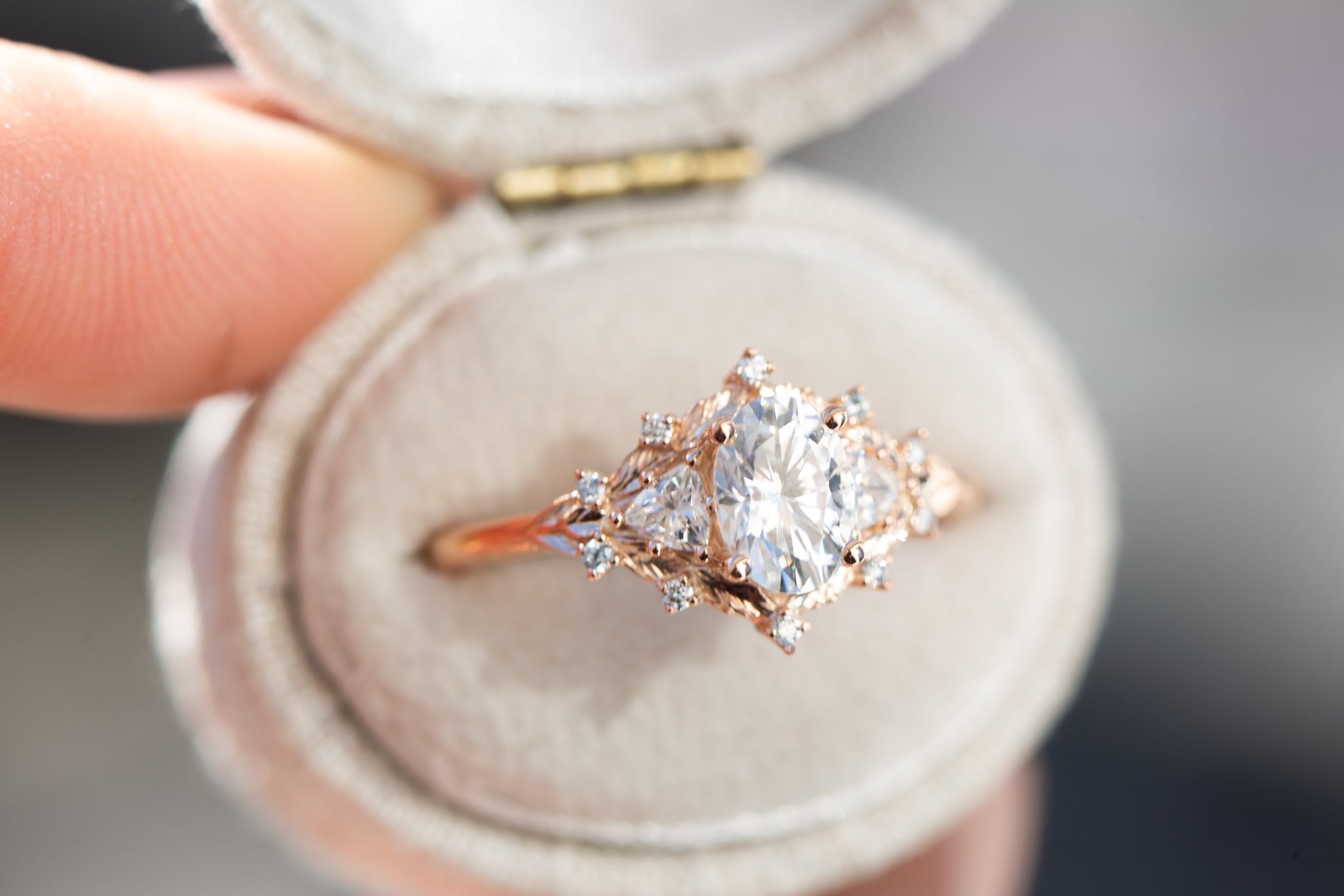 Woodland three stone setting with oval moissanite – Oore jewelry