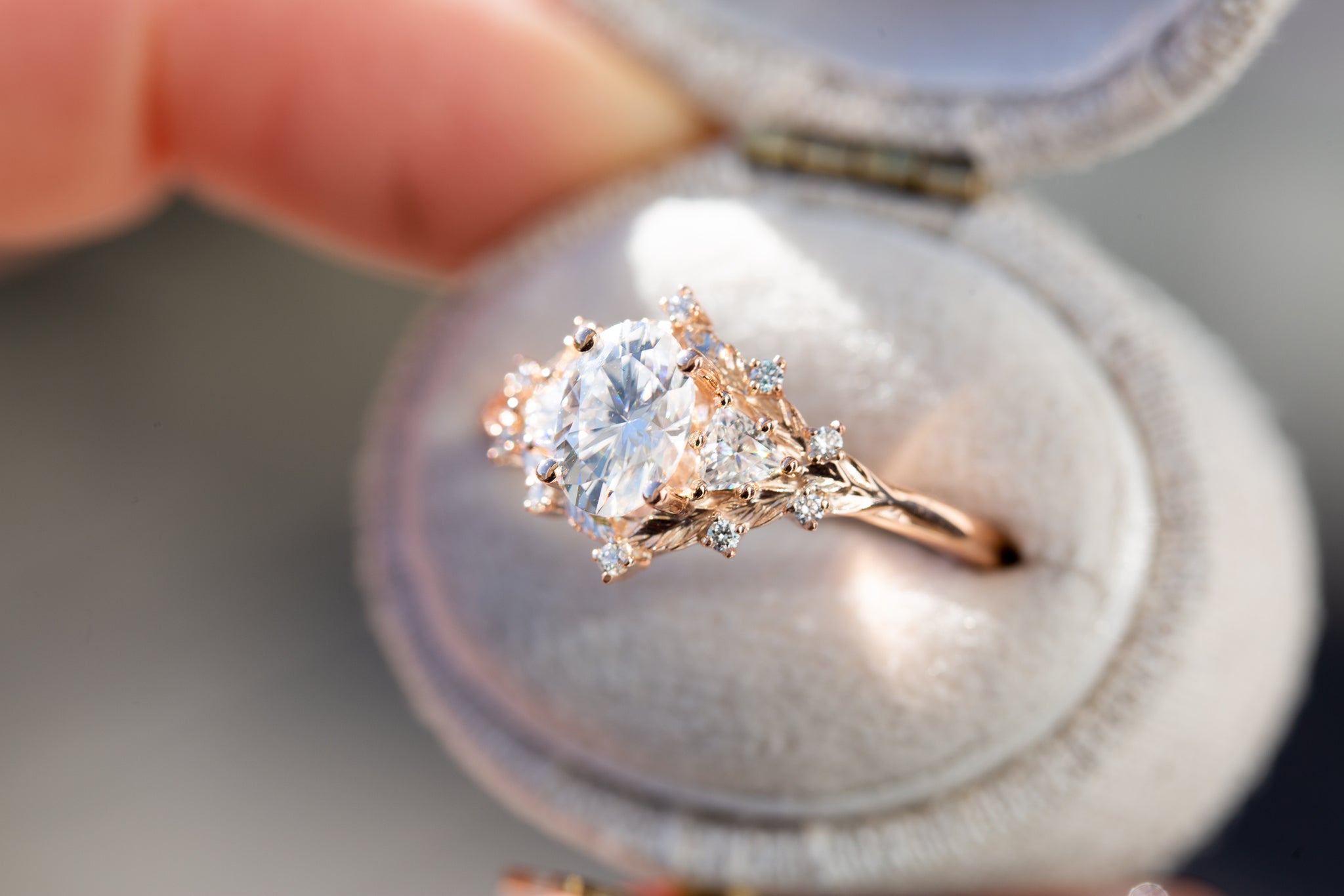 Woodland three stone setting with oval moissanite – Oore jewelry