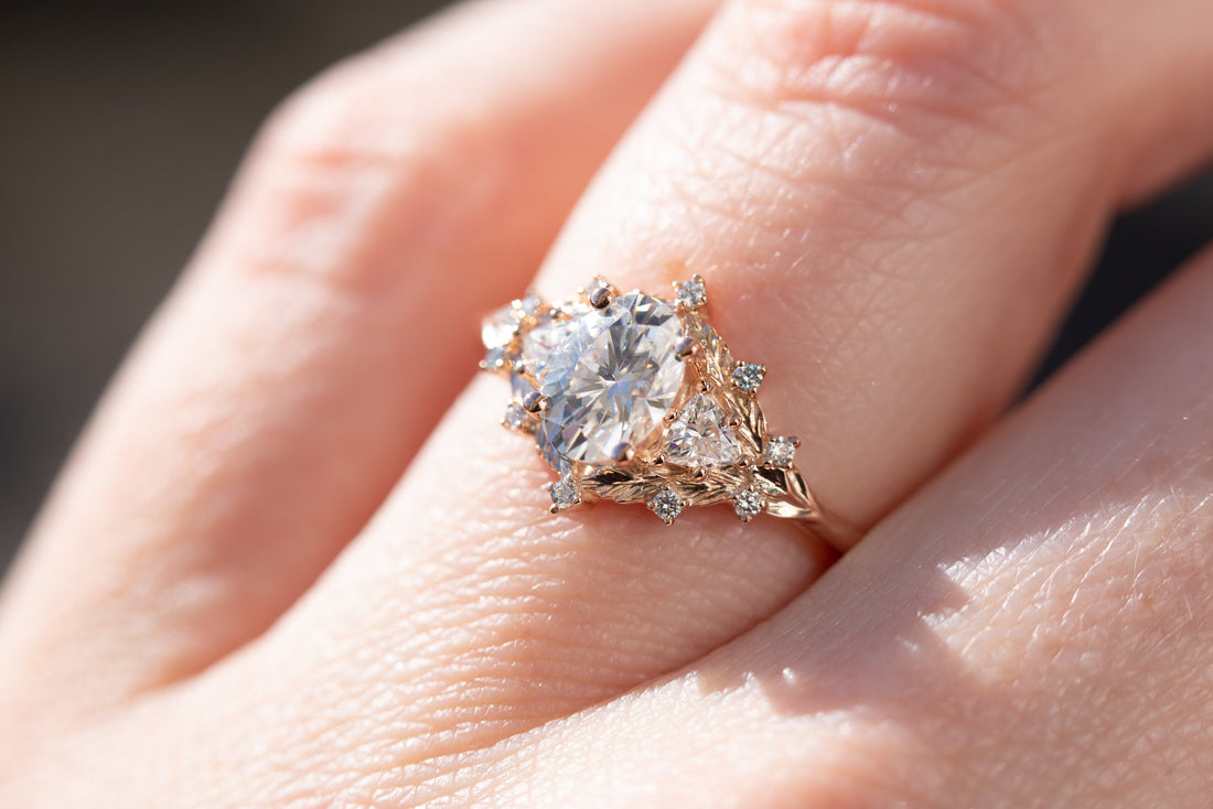 Woodland three stone setting with oval moissanite – Oore jewelry
