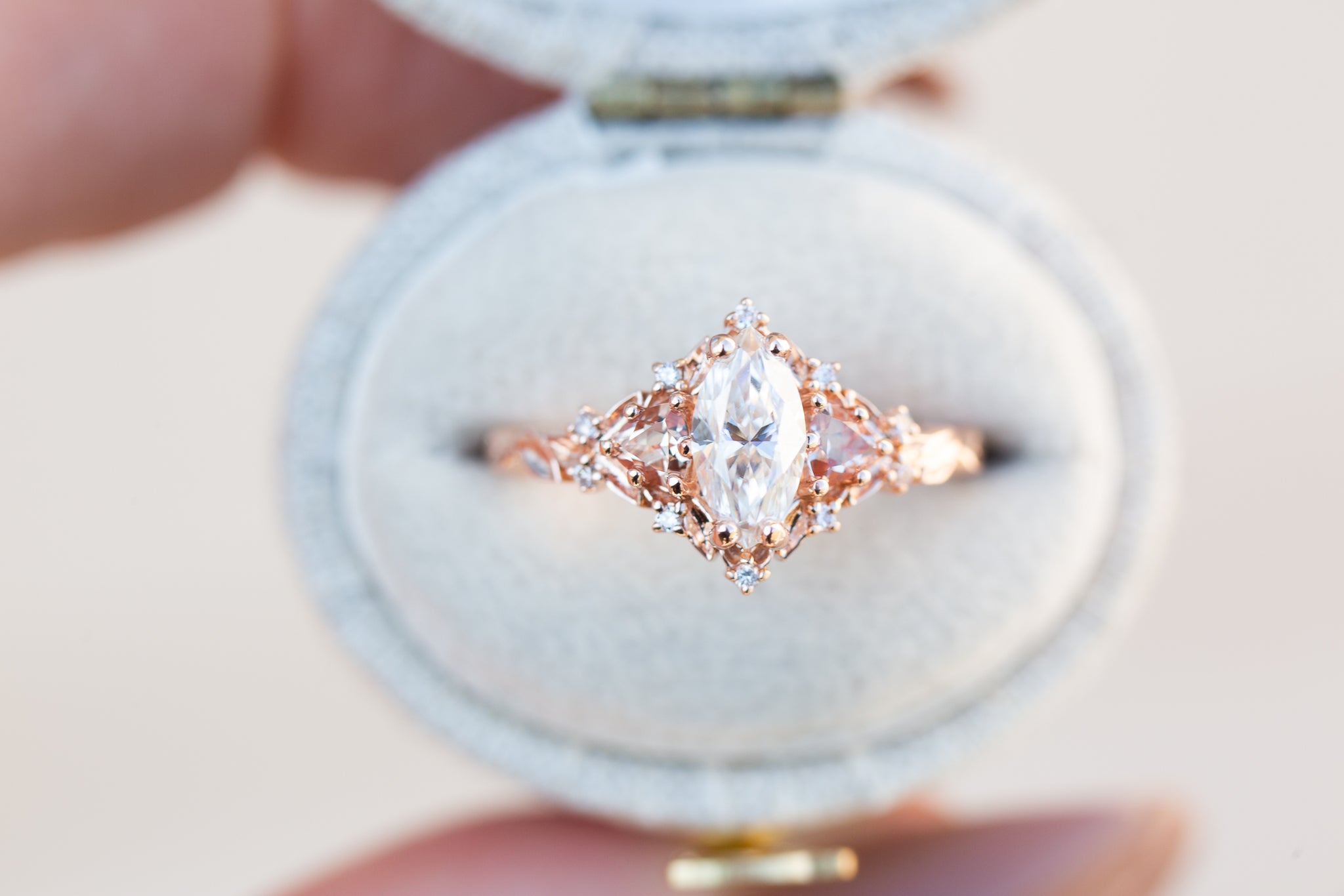 Briar rose three stone with marquise moissanite and lab peach sapphire ...