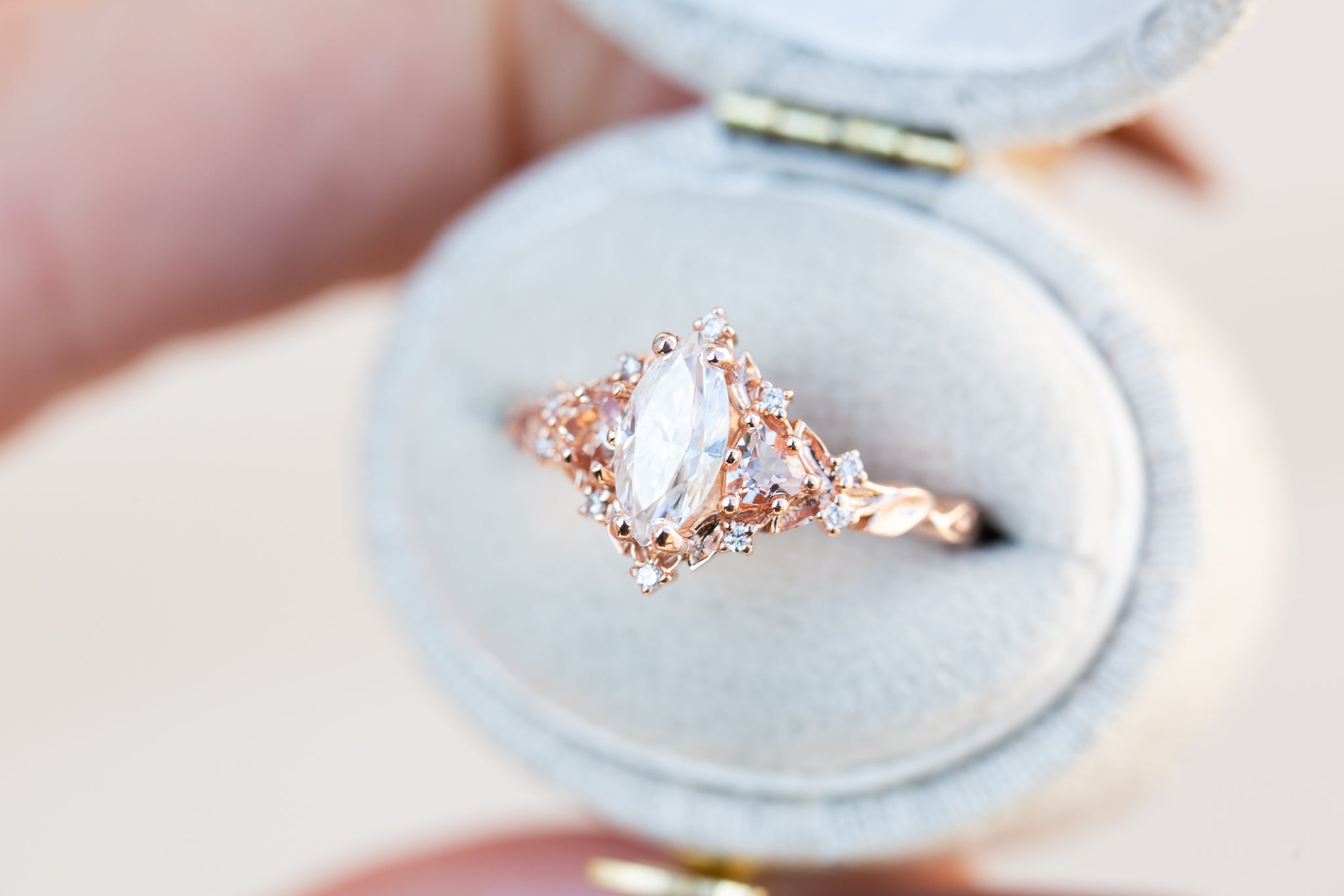 Briar rose three stone with marquise moissanite and lab peach sapphire ...