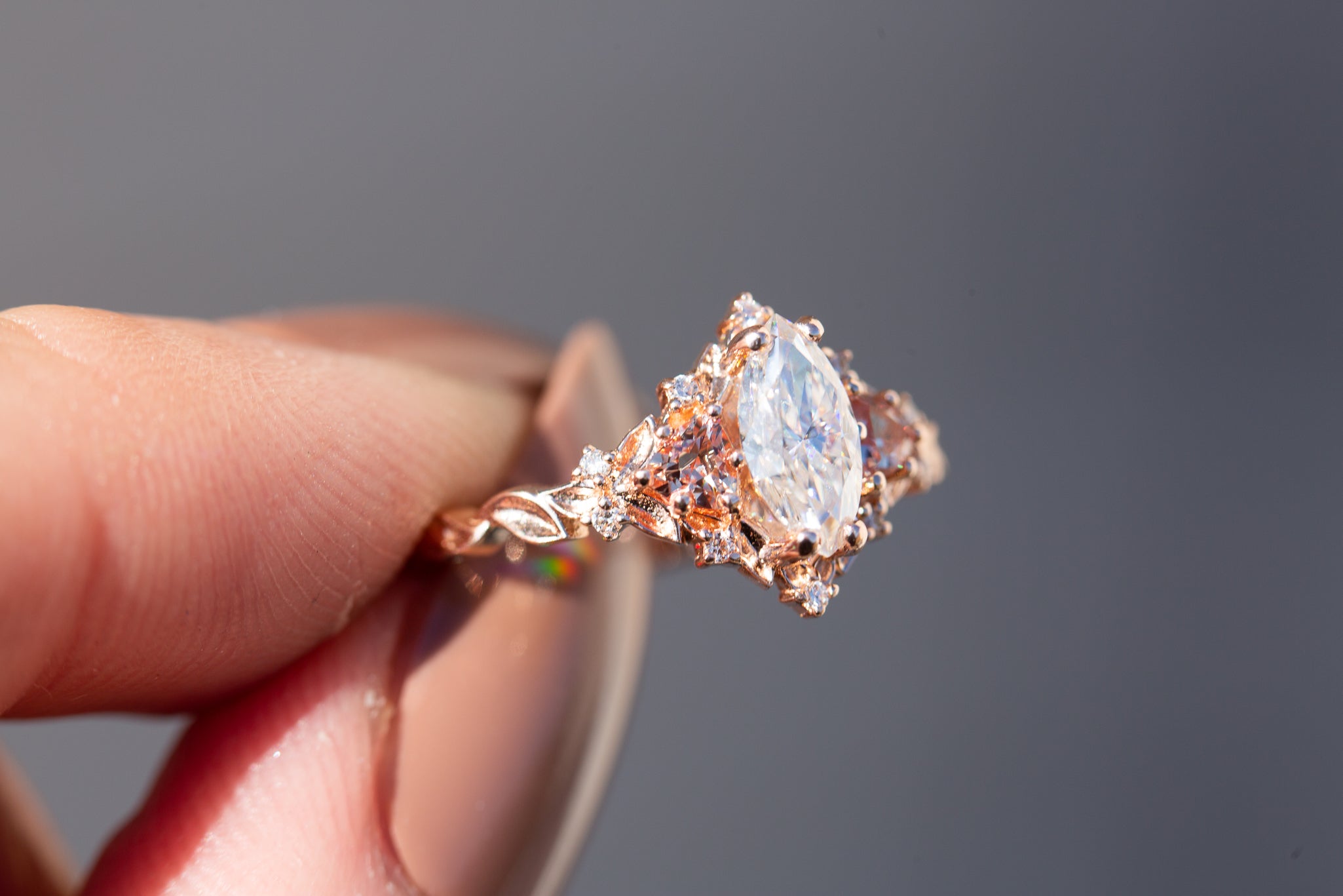Briar rose three stone with marquise moissanite and lab peach sapphire ...