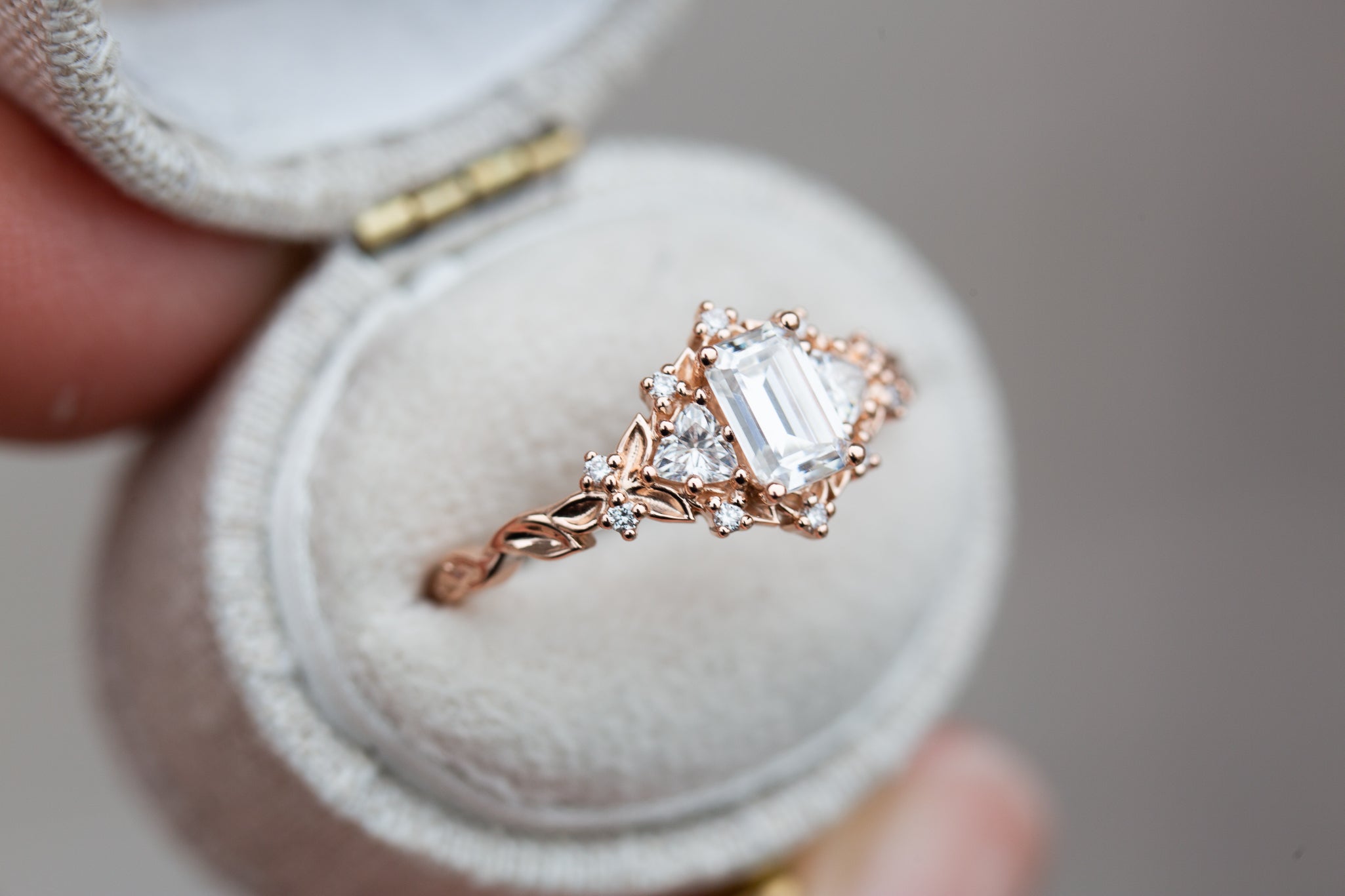 Briar rose three stone with 6x4mm emerald cut moissanite – Oore jewelry