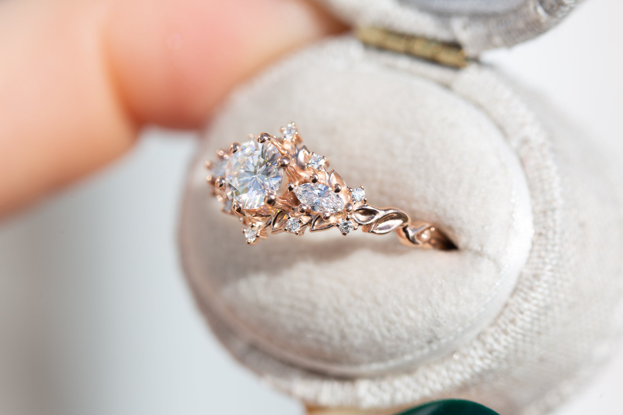 Briar rose three stone with round moissanite – Oore jewelry