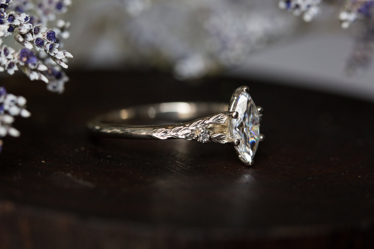 Marquise moissanite leaf cathedral engagement ring – Oore Jewelry