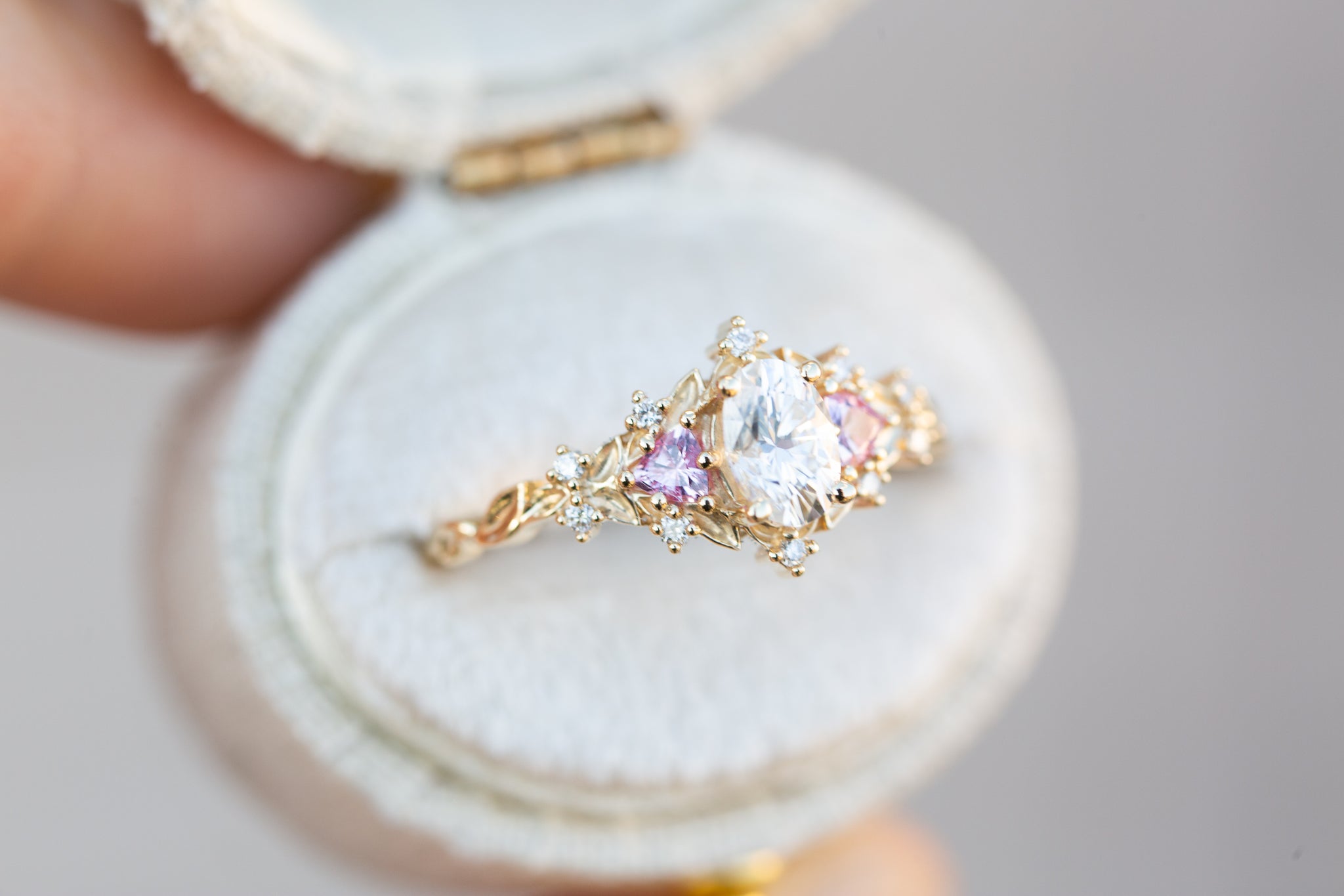 Briar rose three stone with oval moissanite and pink sapphire (fairy q ...