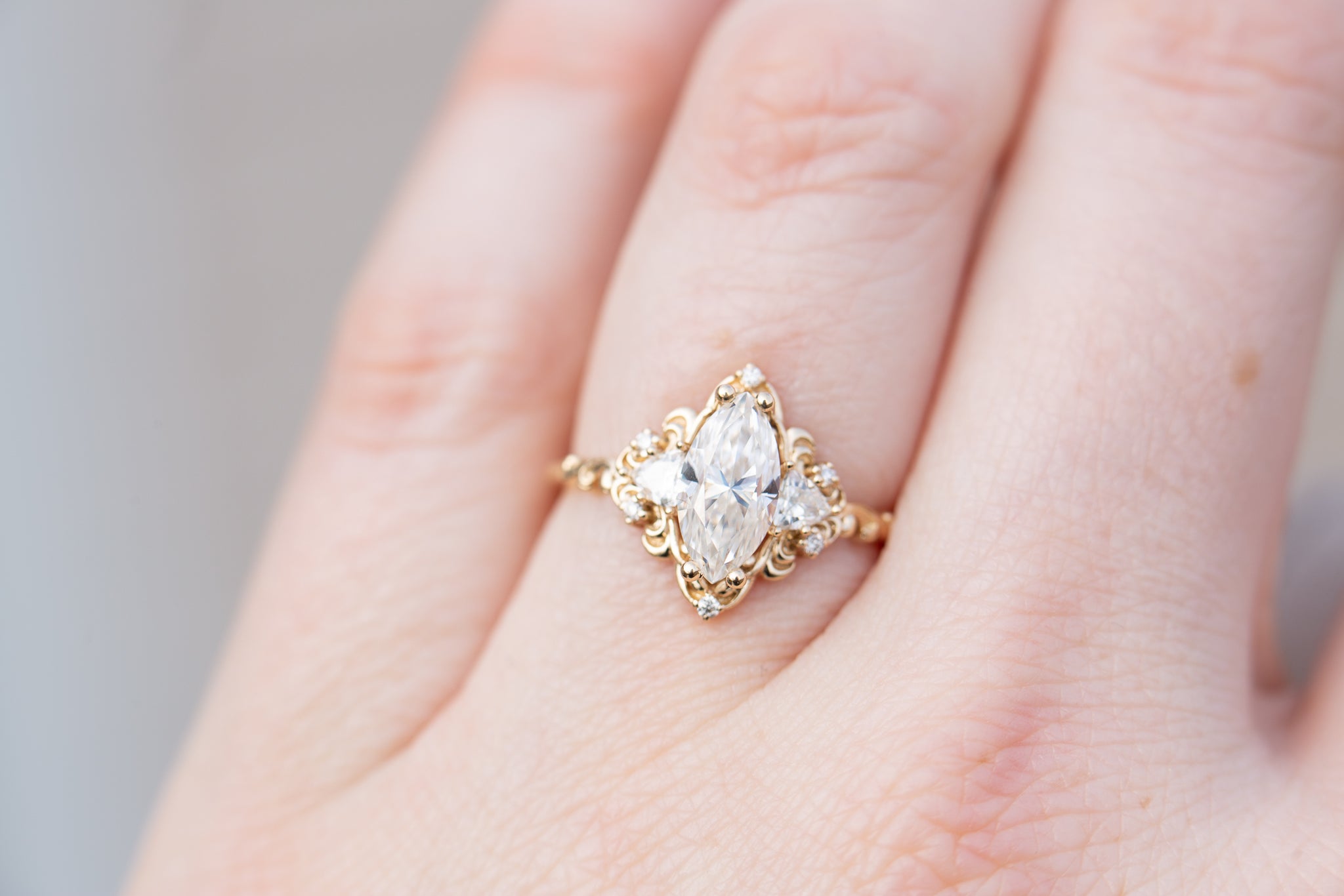 Aurora three stone with marquise moissanite – Oore jewelry
