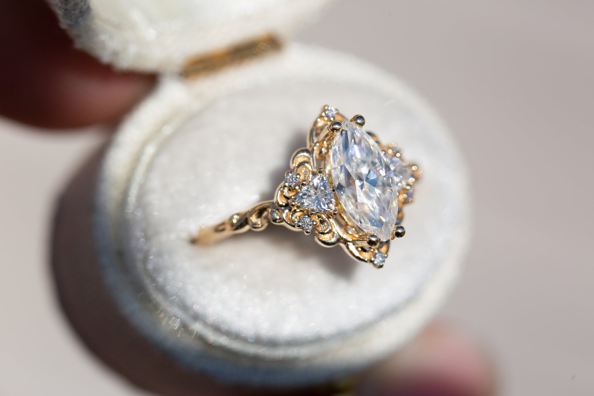 Aurora three stone with marquise moissanite – Oore jewelry