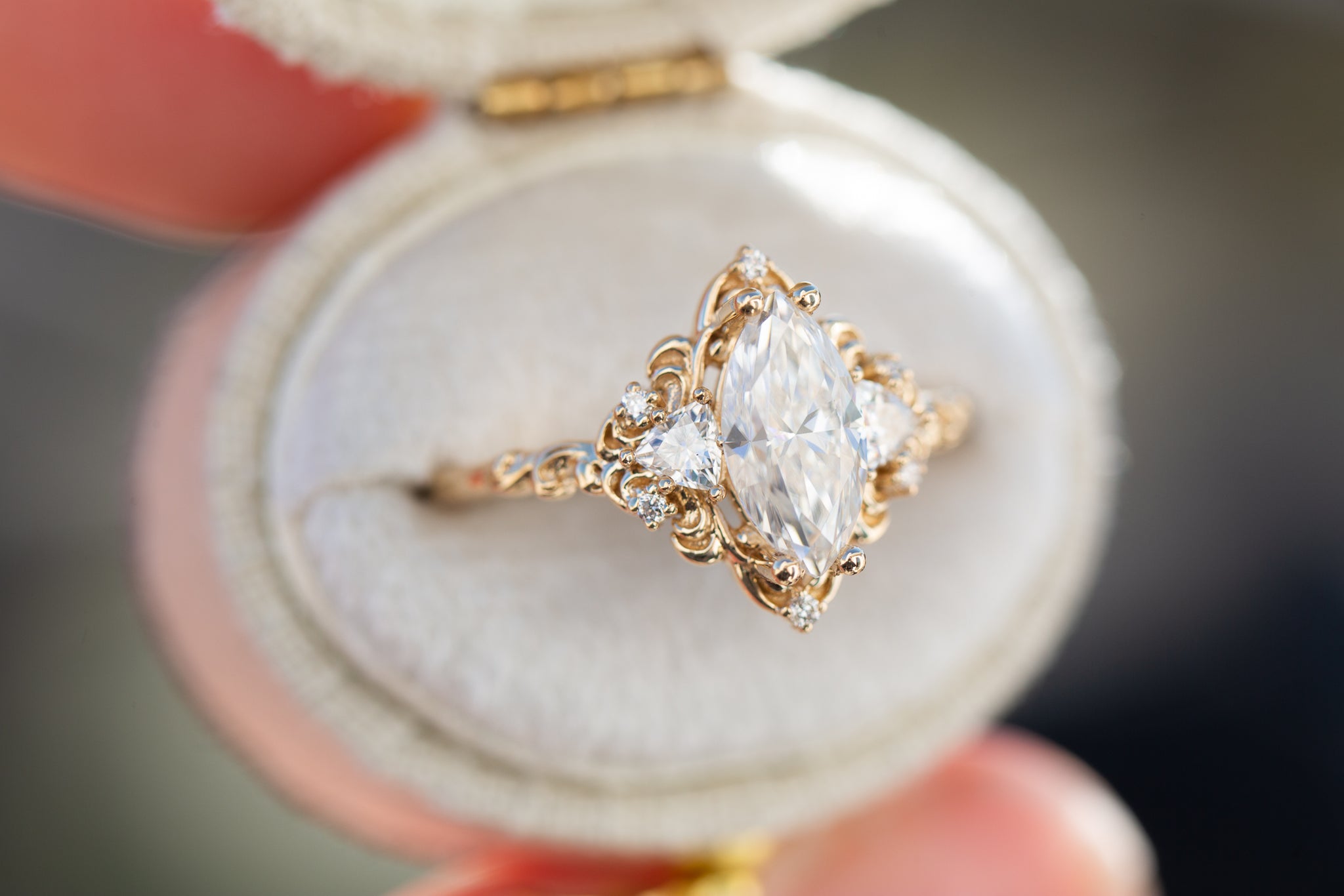 Aurora three stone with marquise moissanite – Oore jewelry