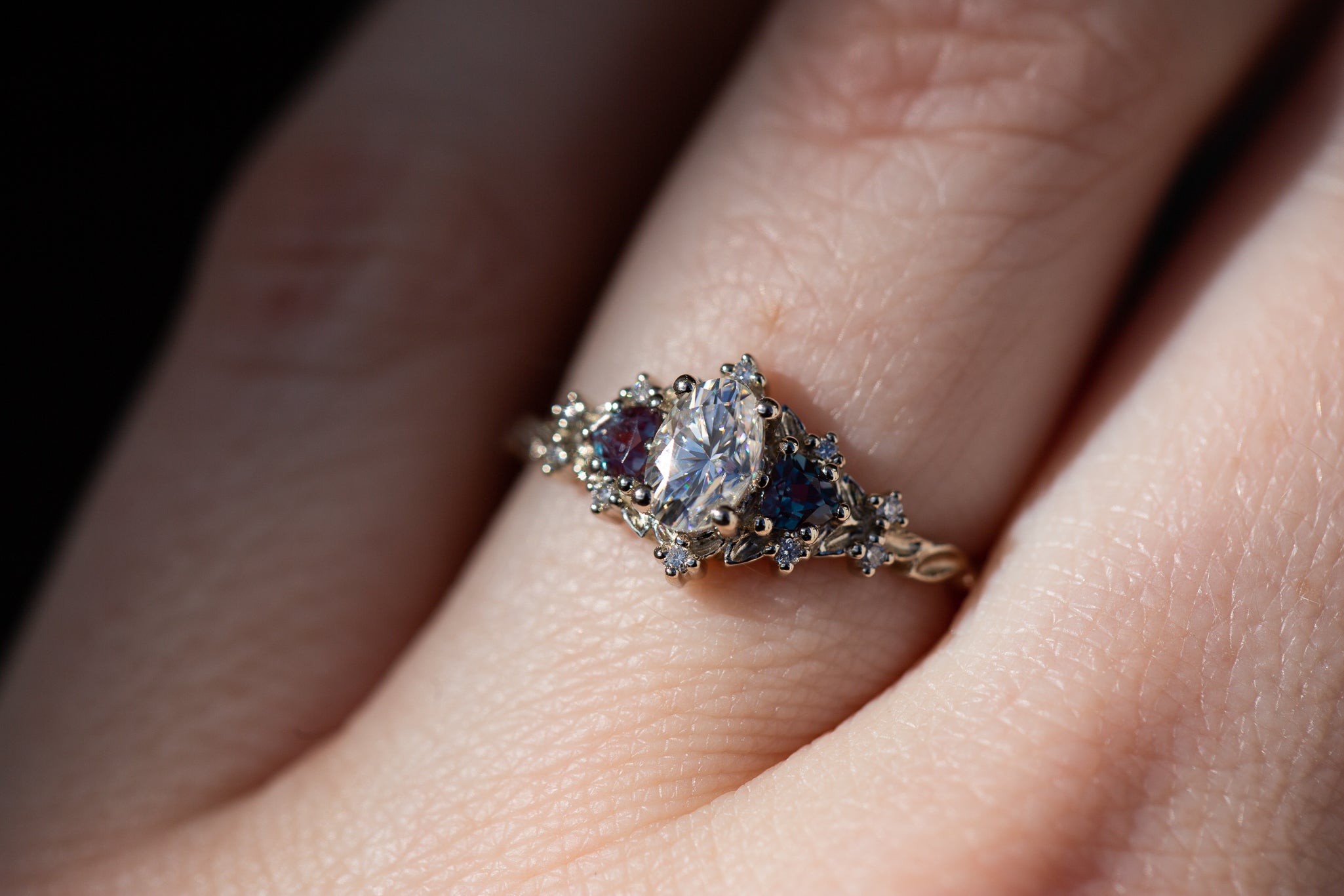Briar rose three stone with 6x4mm oval moissanite and alexandrite ...