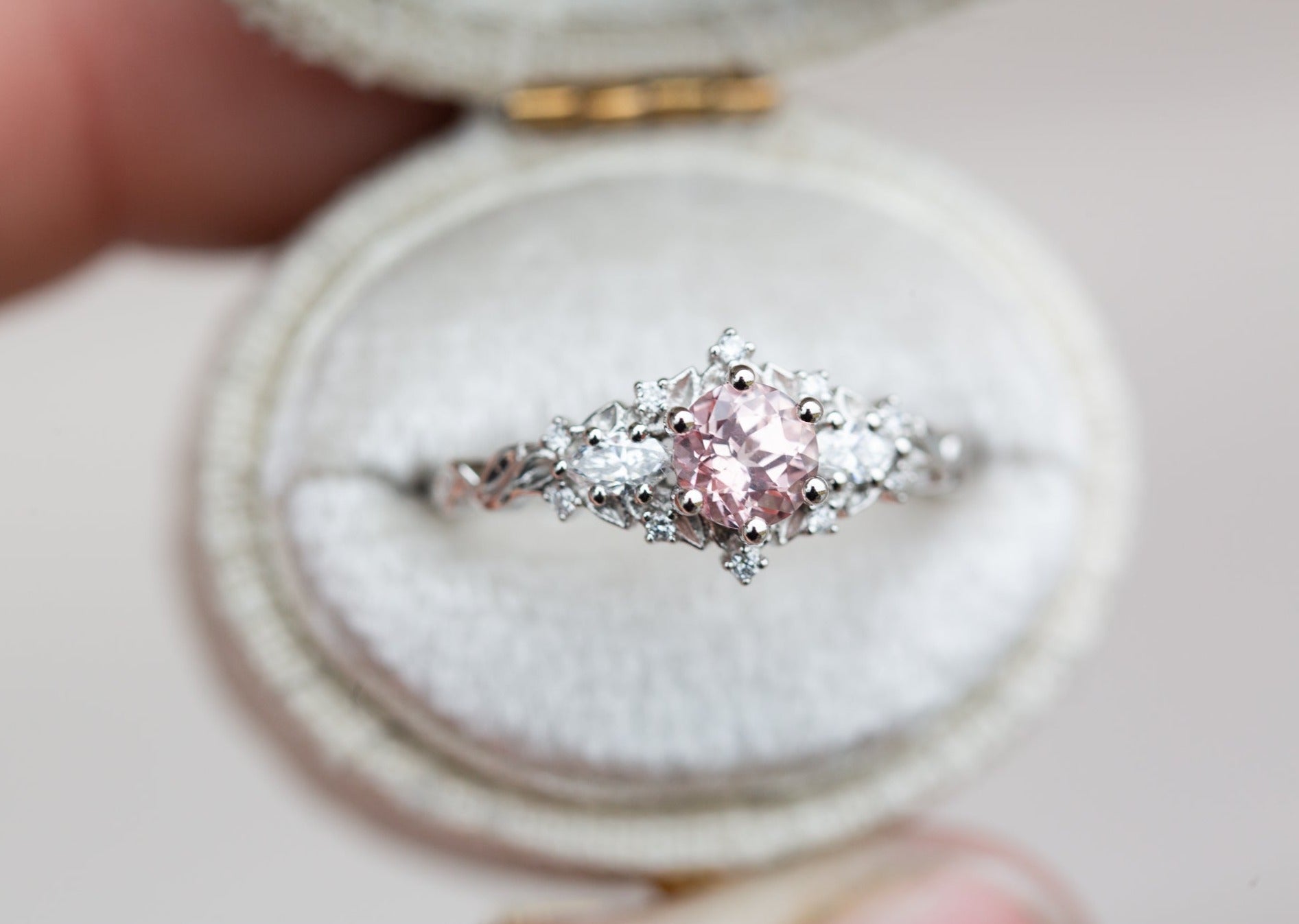 Briar rose three stone with round lab peach sapphire – Oore jewelry