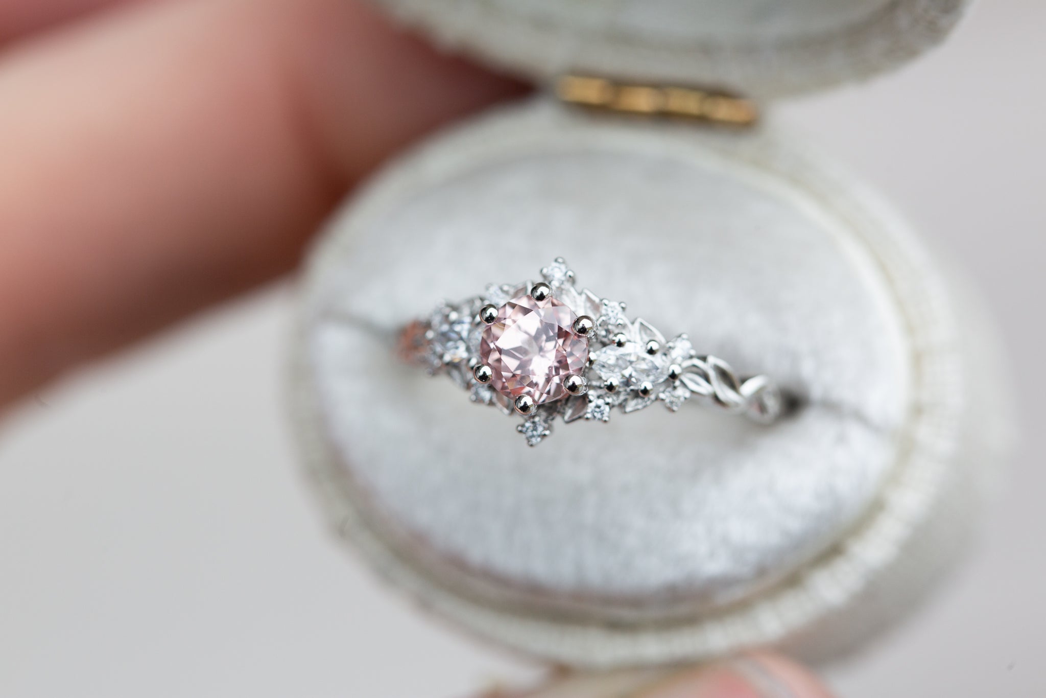 Briar rose three stone with round lab peach sapphire – Oore jewelry