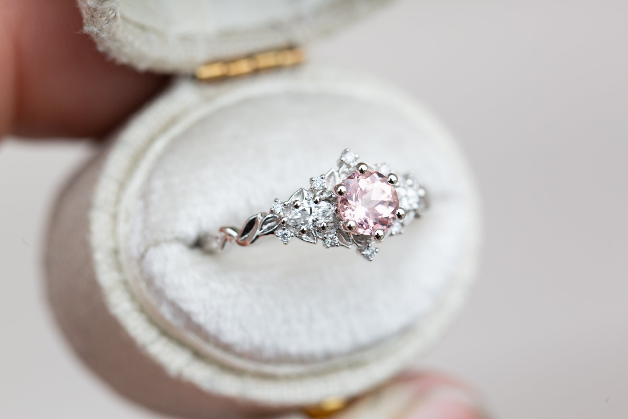 Briar rose three stone with round lab peach sapphire – Oore jewelry