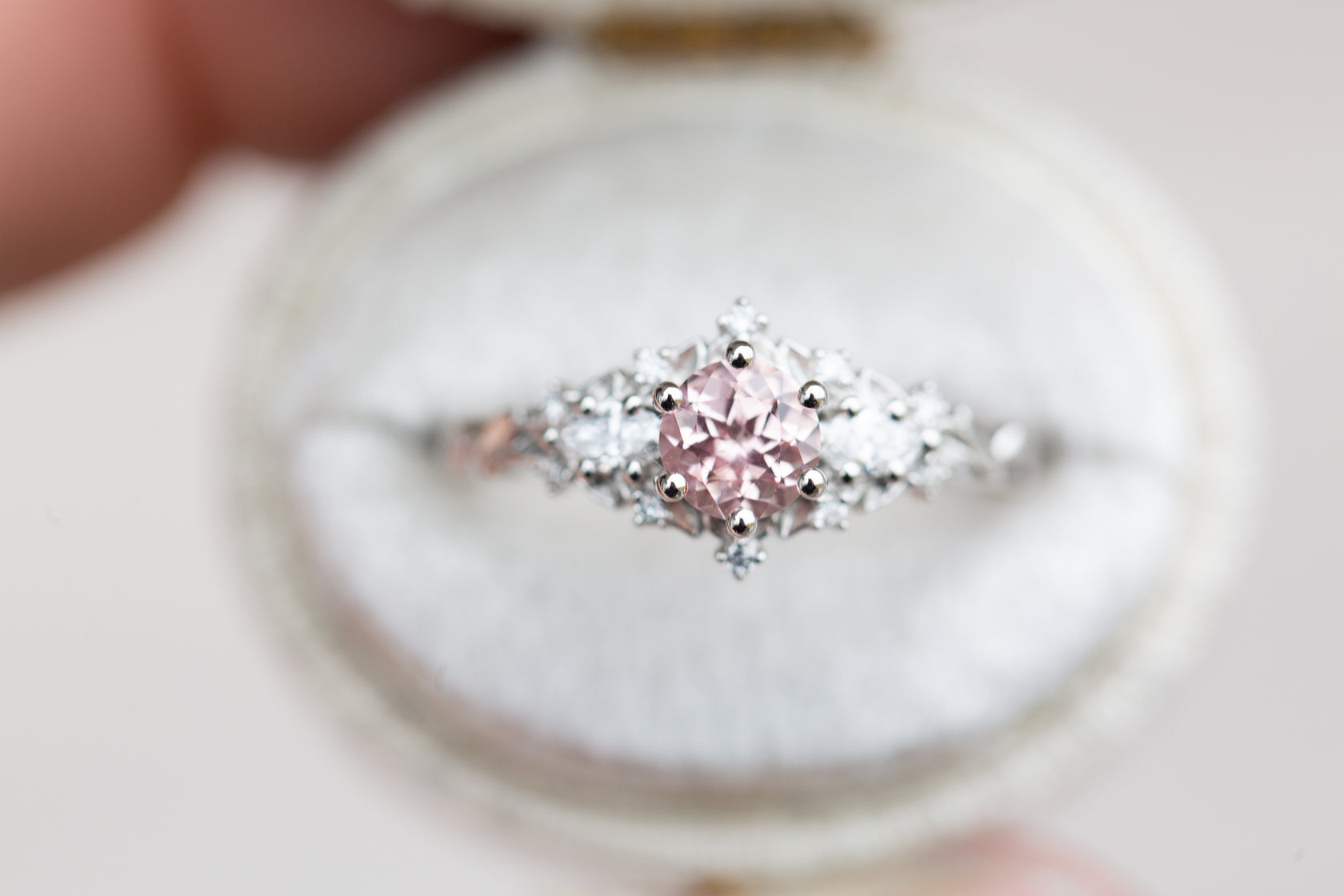 Briar rose three stone with round lab peach sapphire – Oore jewelry