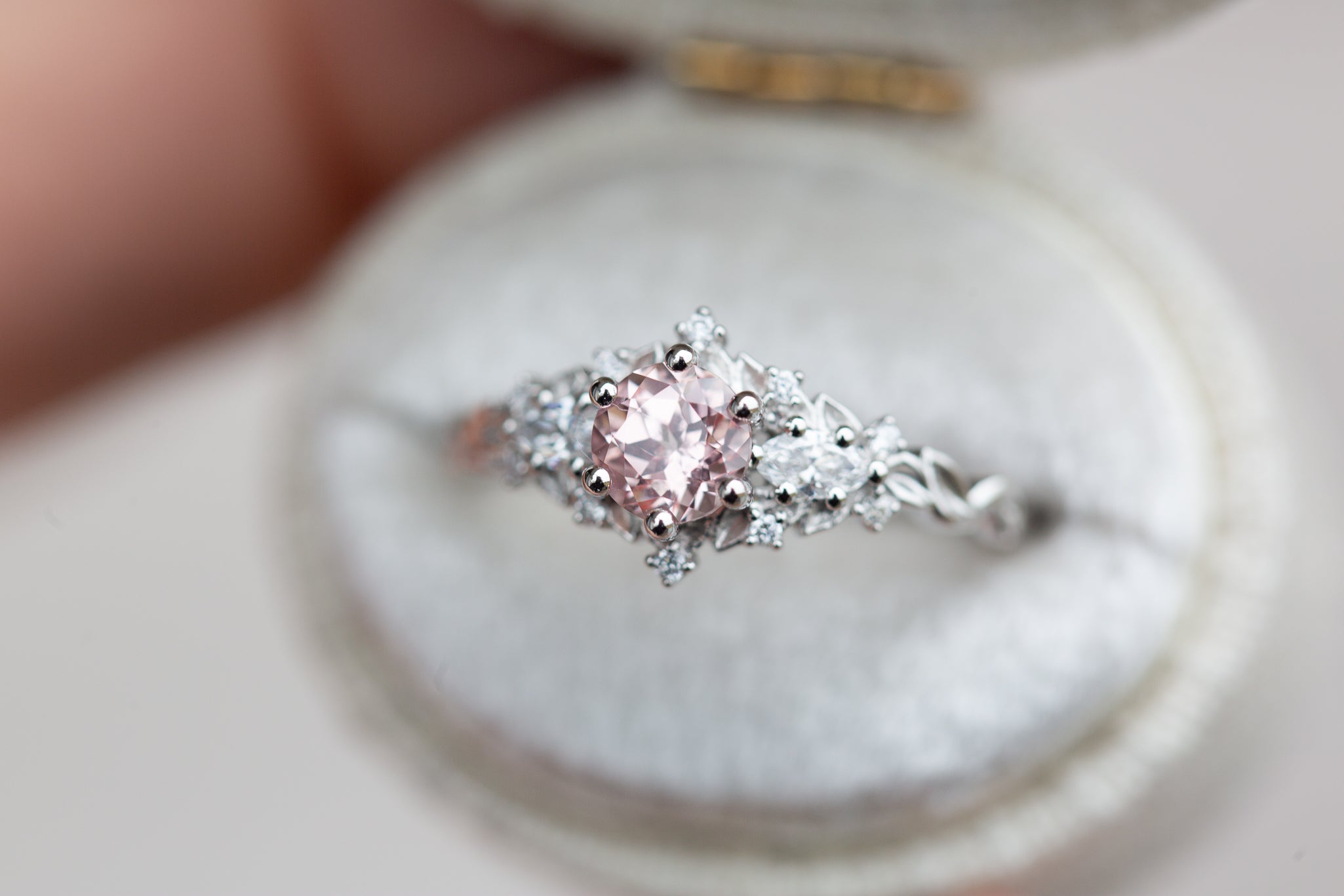 Briar rose three stone with round lab peach sapphire – Oore jewelry
