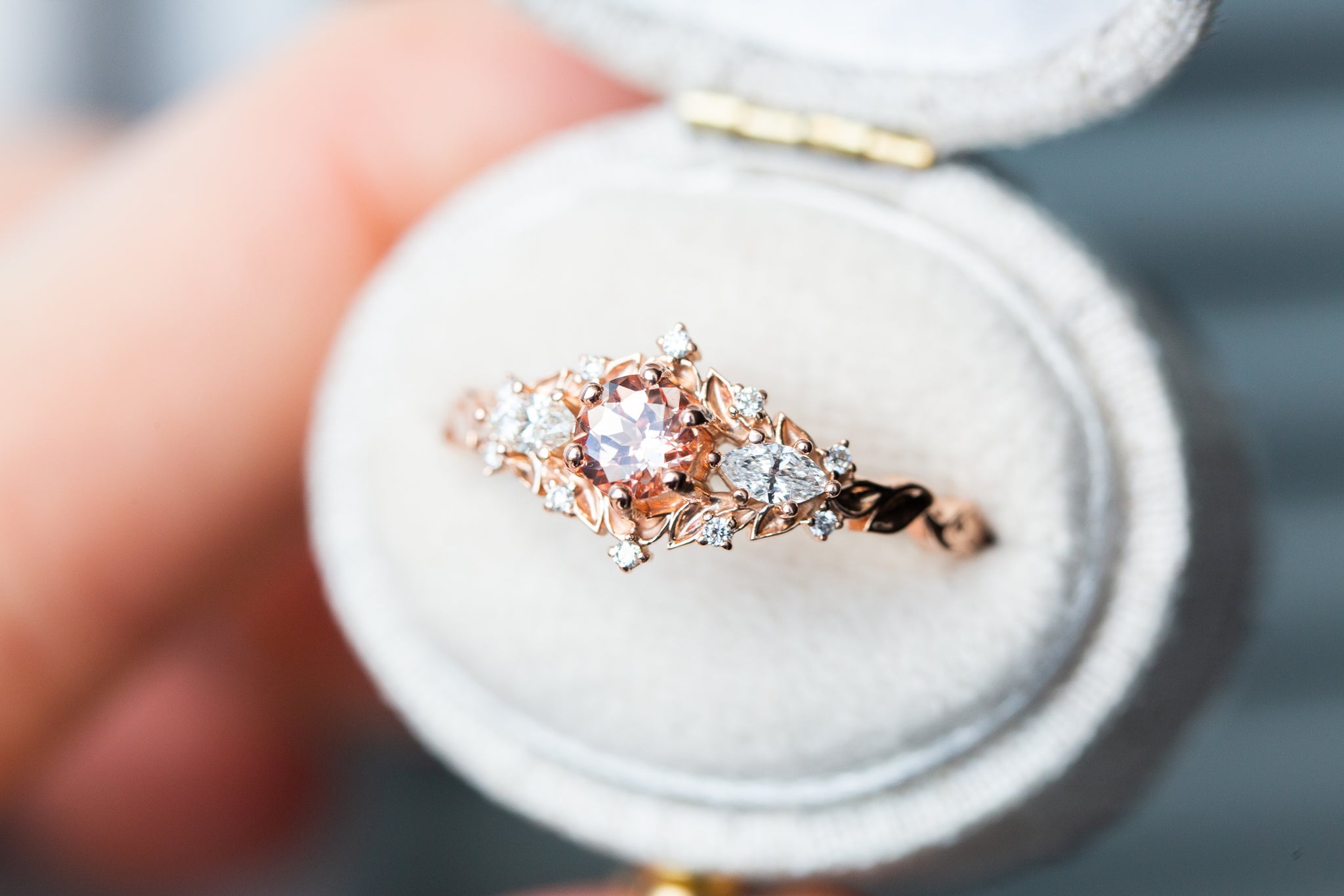 Briar rose three stone with round lab peach sapphire – Oore jewelry