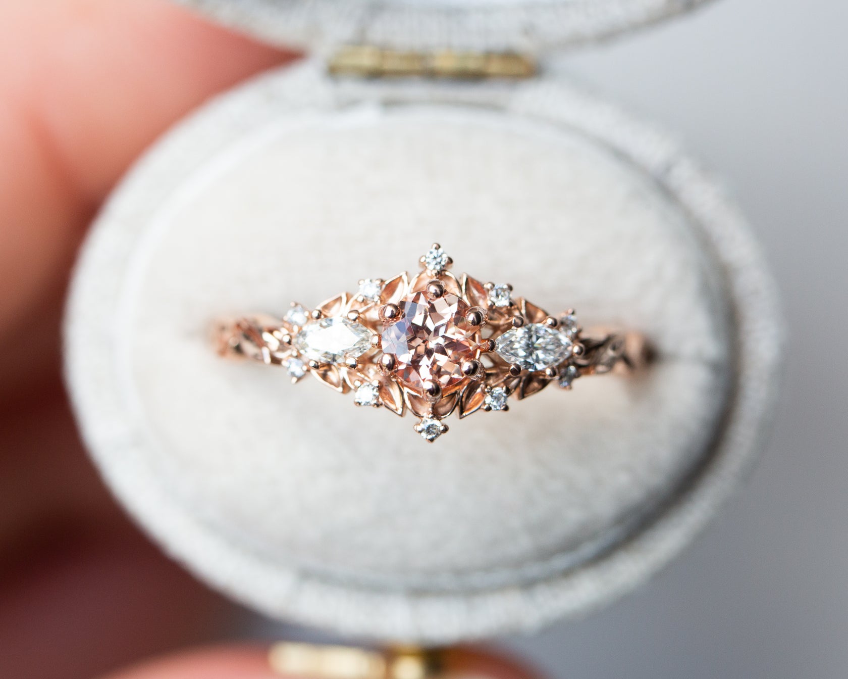 Briar rose three stone with round lab peach sapphire – Oore jewelry