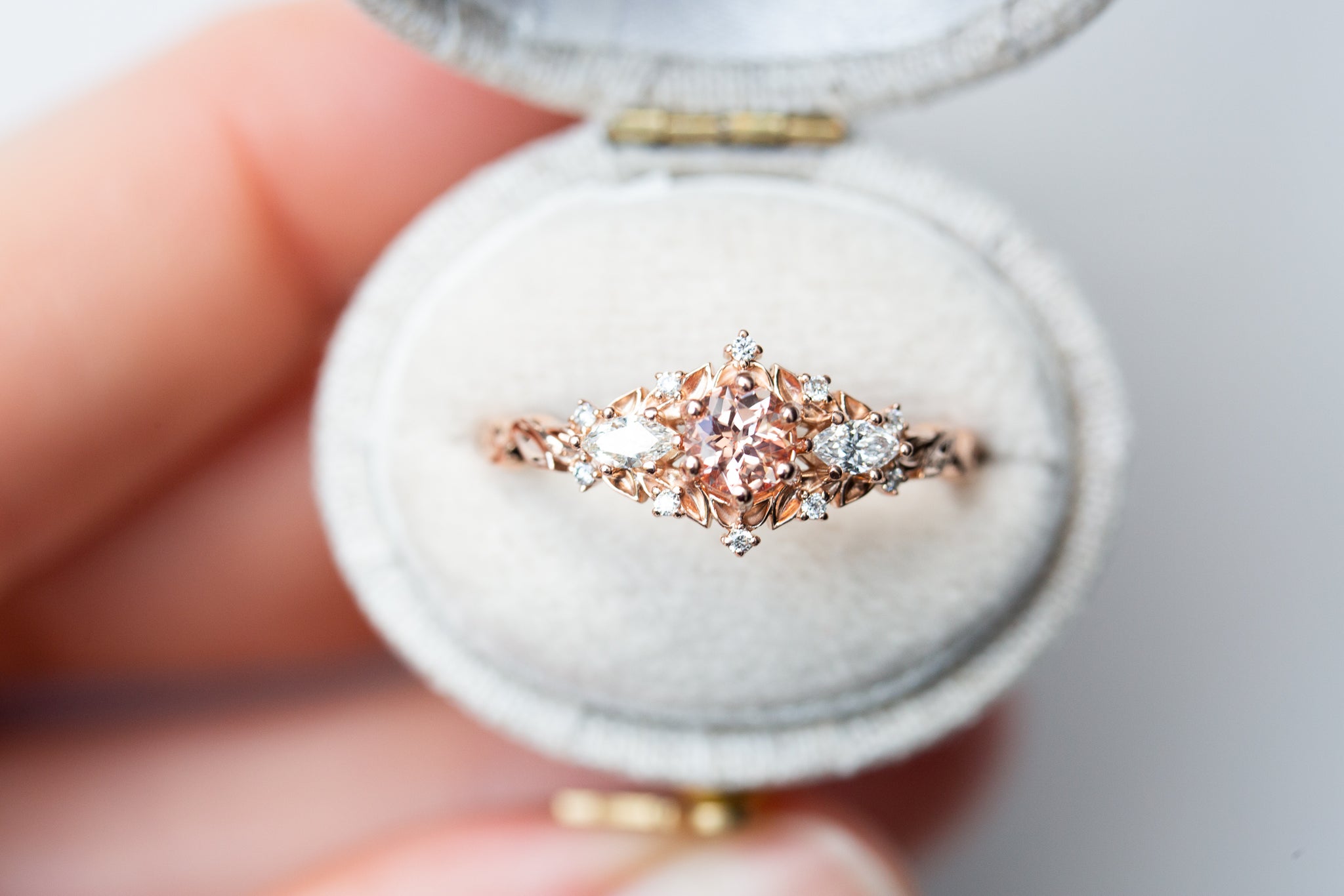 Briar rose three stone with round lab peach sapphire – Oore jewelry