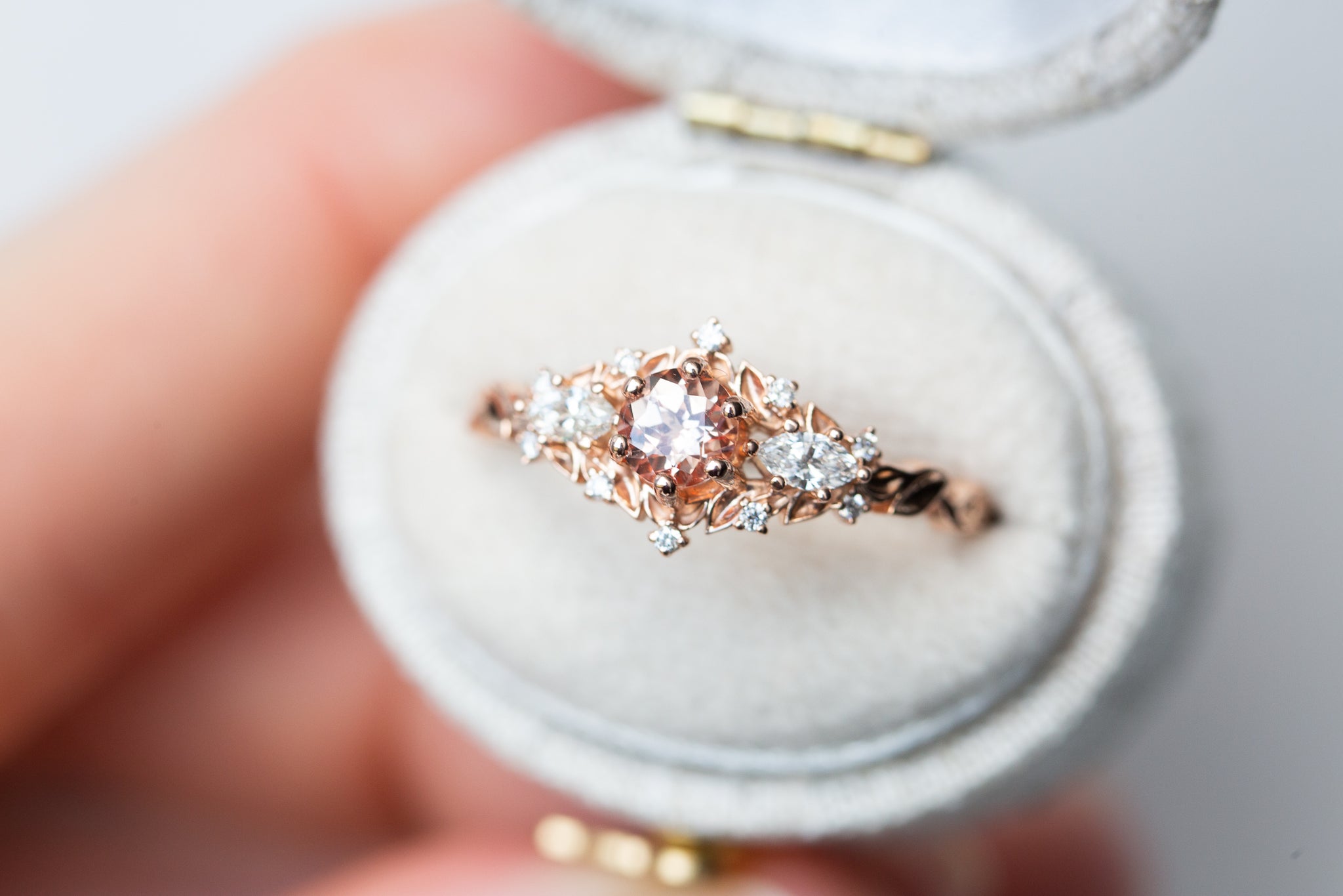 Briar rose three stone with round lab peach sapphire – Oore jewelry