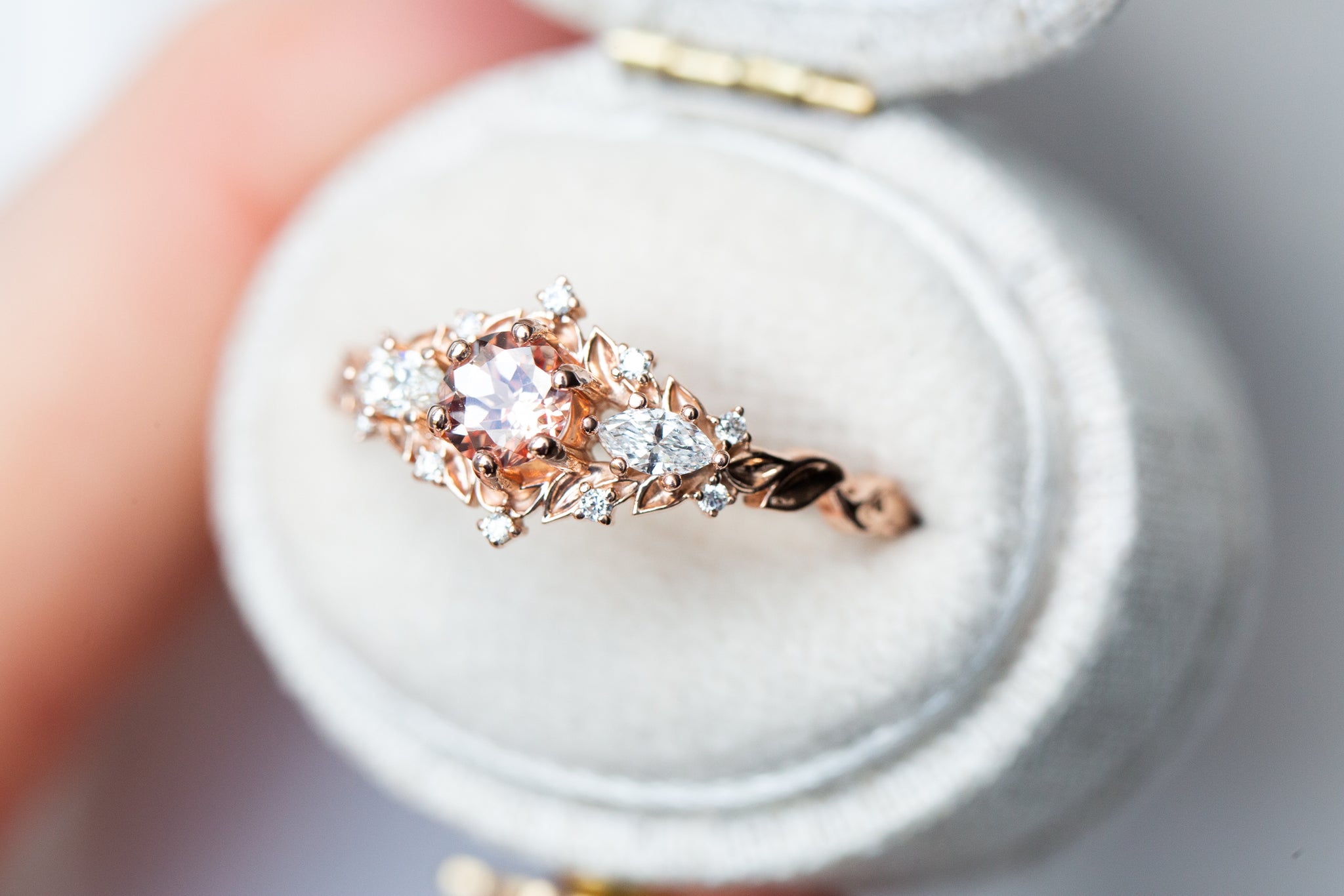 Briar rose three stone with round lab peach sapphire – Oore jewelry