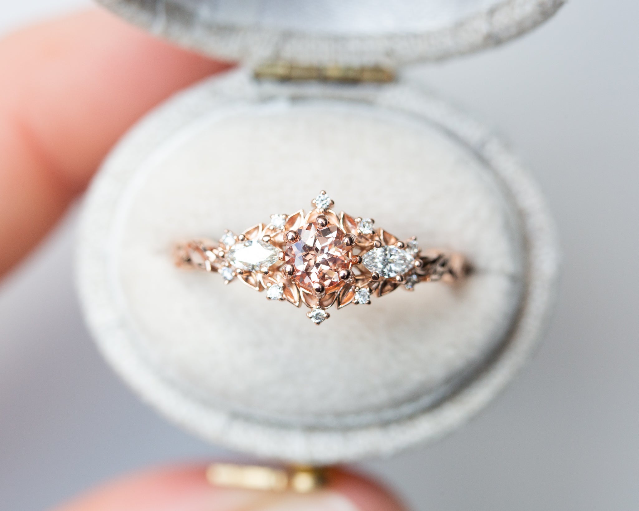 Briar rose three stone with round lab peach sapphire – Oore jewelry
