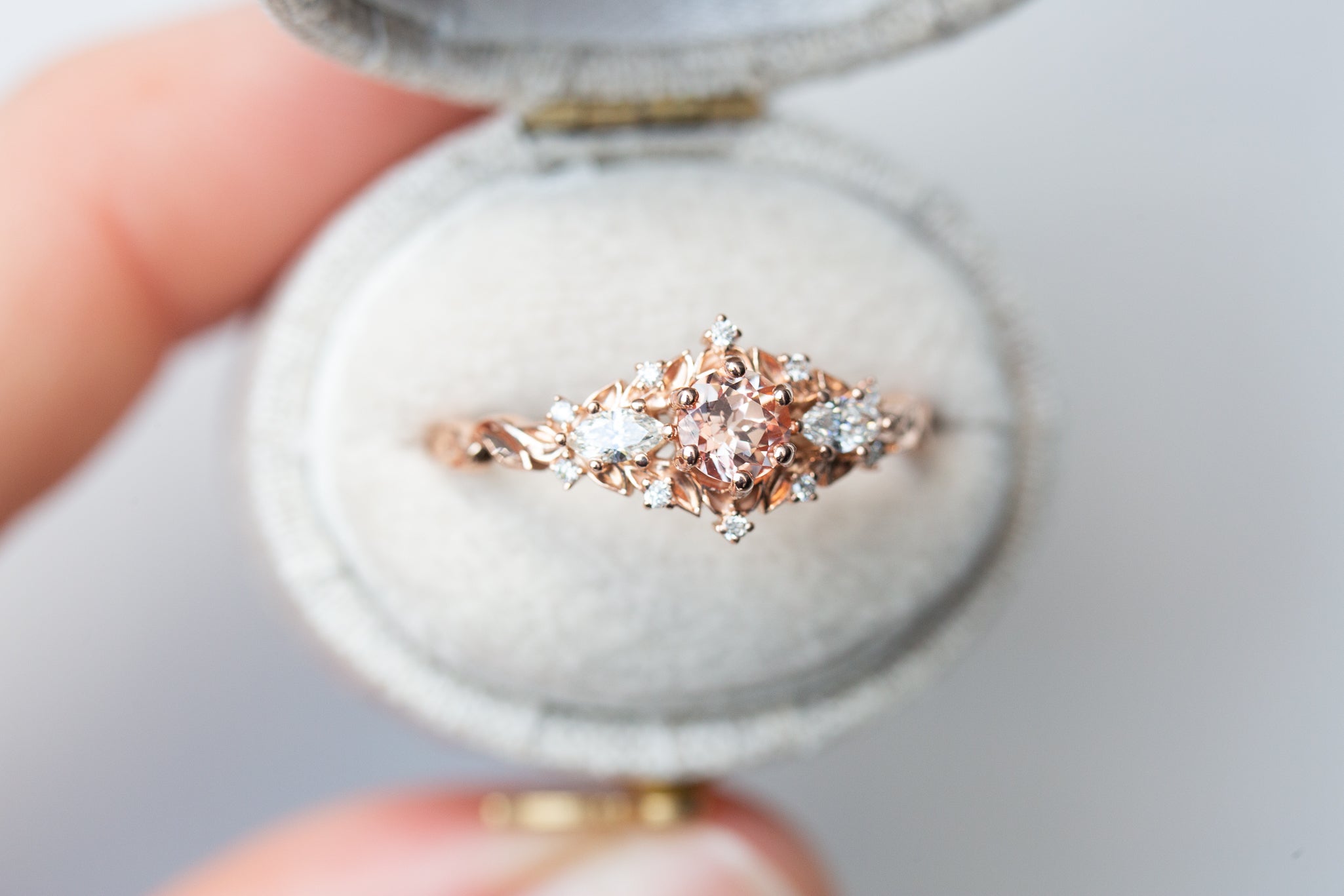 Briar rose three stone with round lab peach sapphire – Oore jewelry