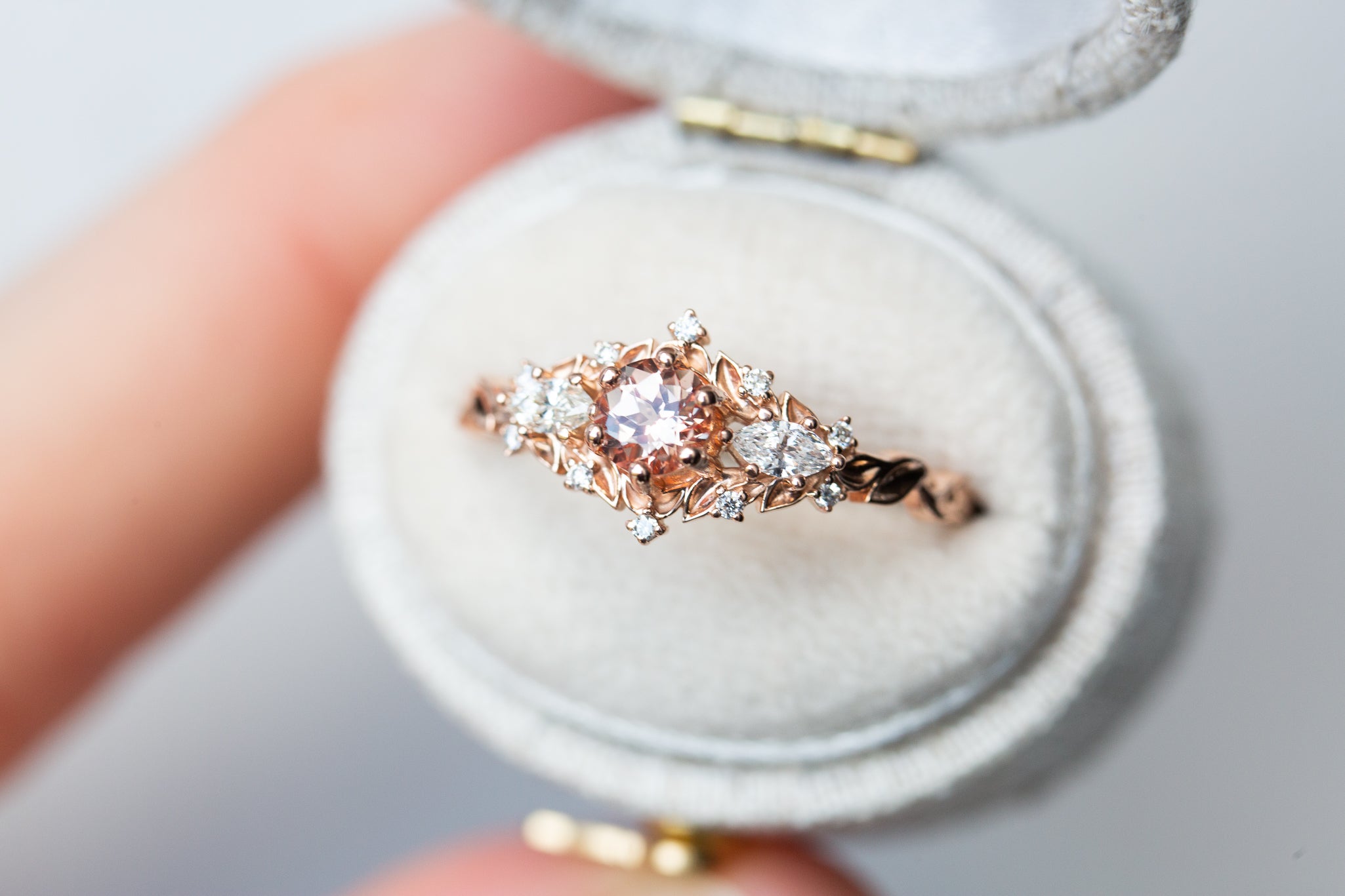 Briar rose three stone with round lab peach sapphire – Oore jewelry