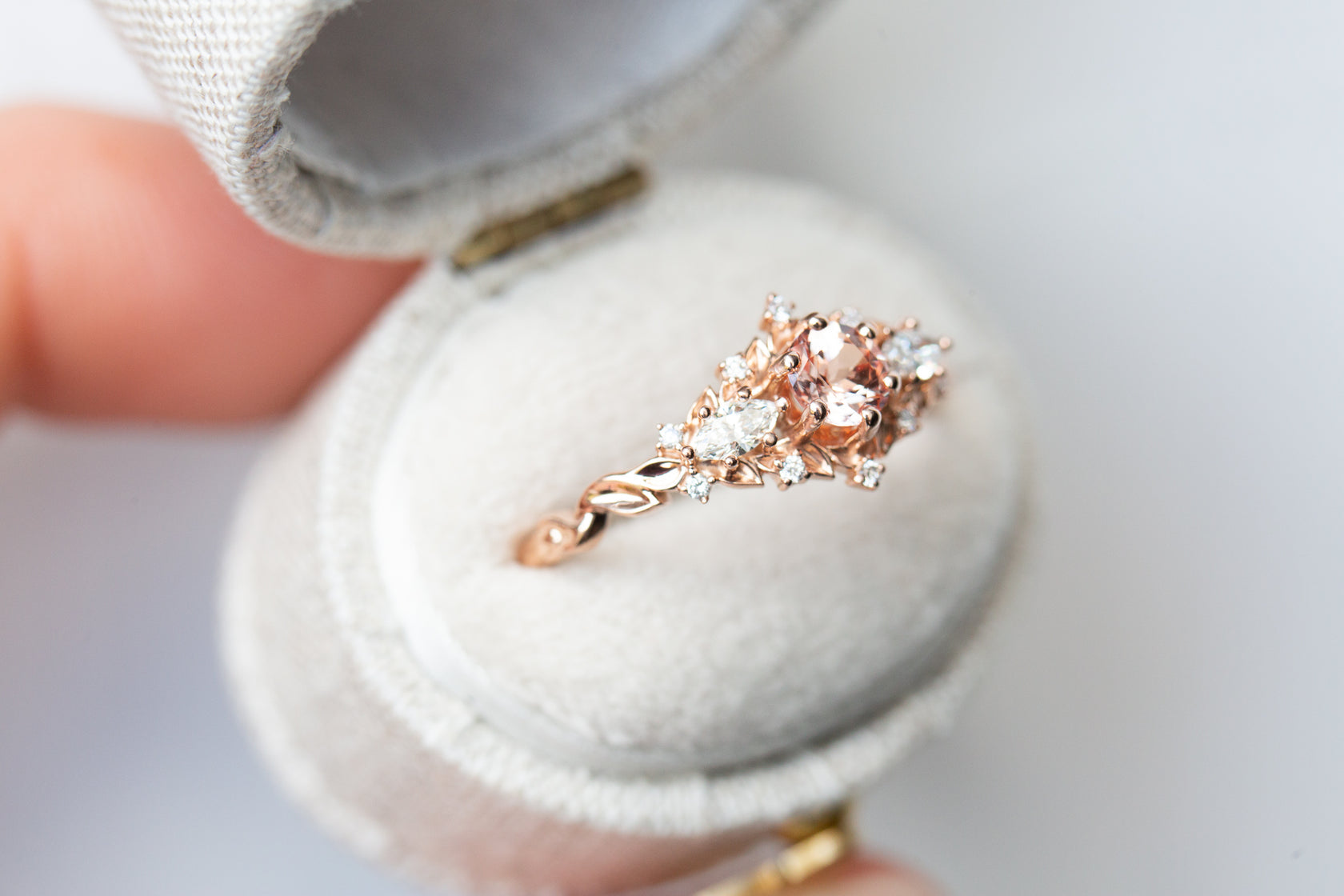 Briar rose three stone with round lab peach sapphire – Oore jewelry