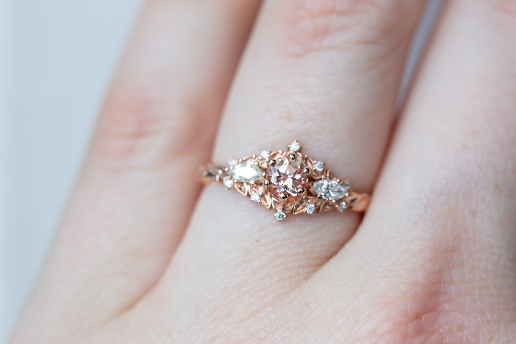 Briar rose three stone with round lab peach sapphire – Oore jewelry