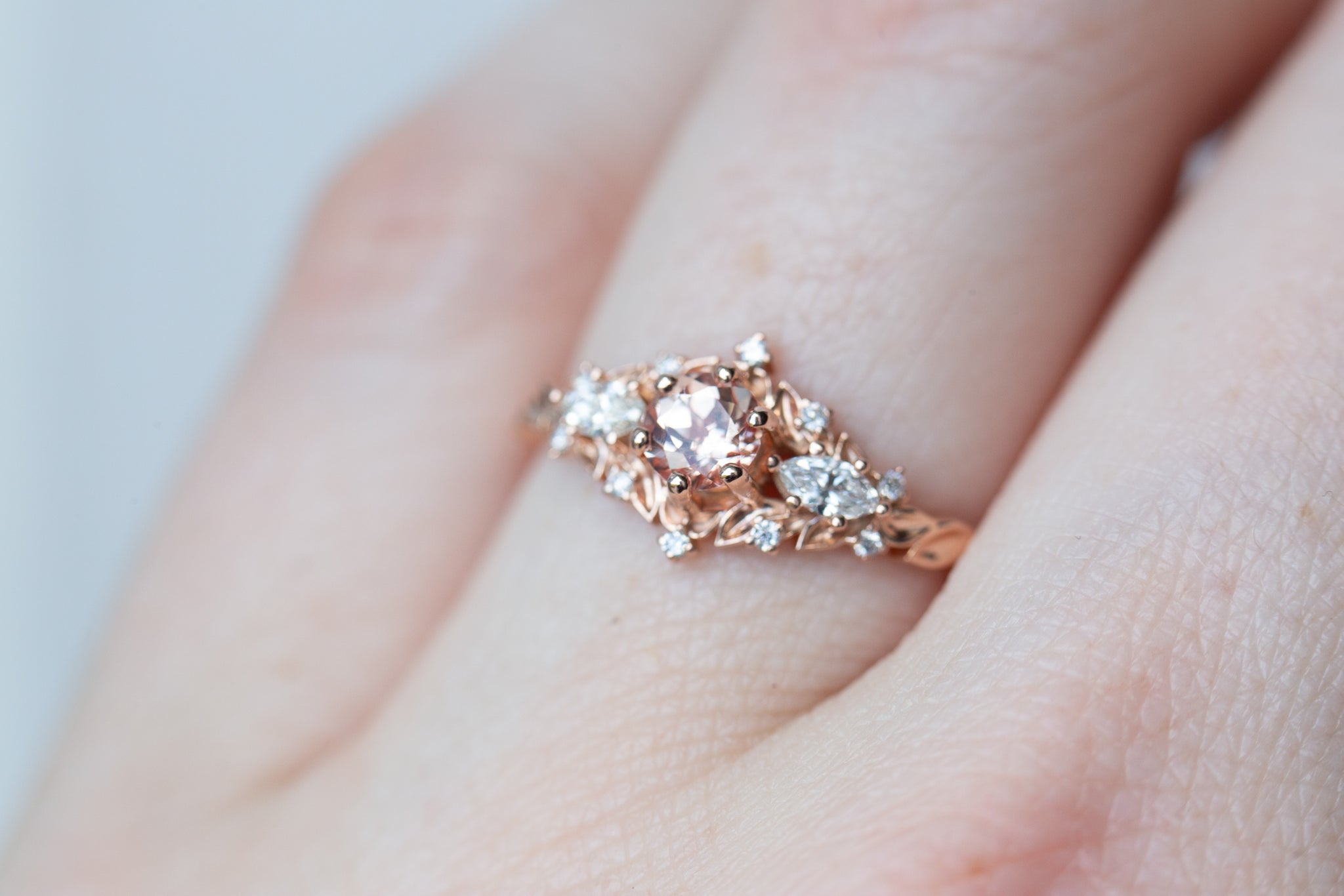 Briar rose three stone with round lab peach sapphire – Oore jewelry