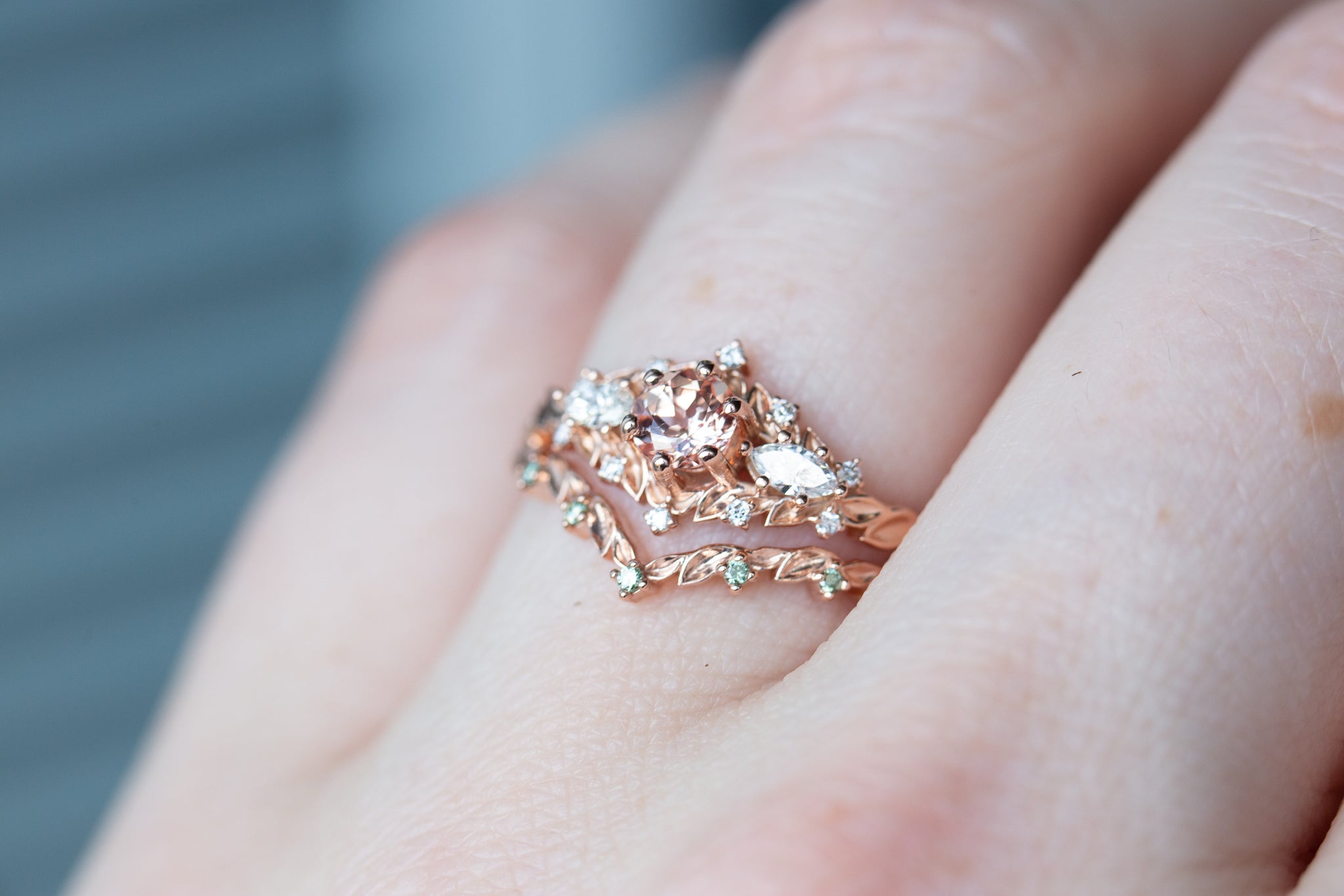 Briar rose three stone with round lab peach sapphire – Oore jewelry