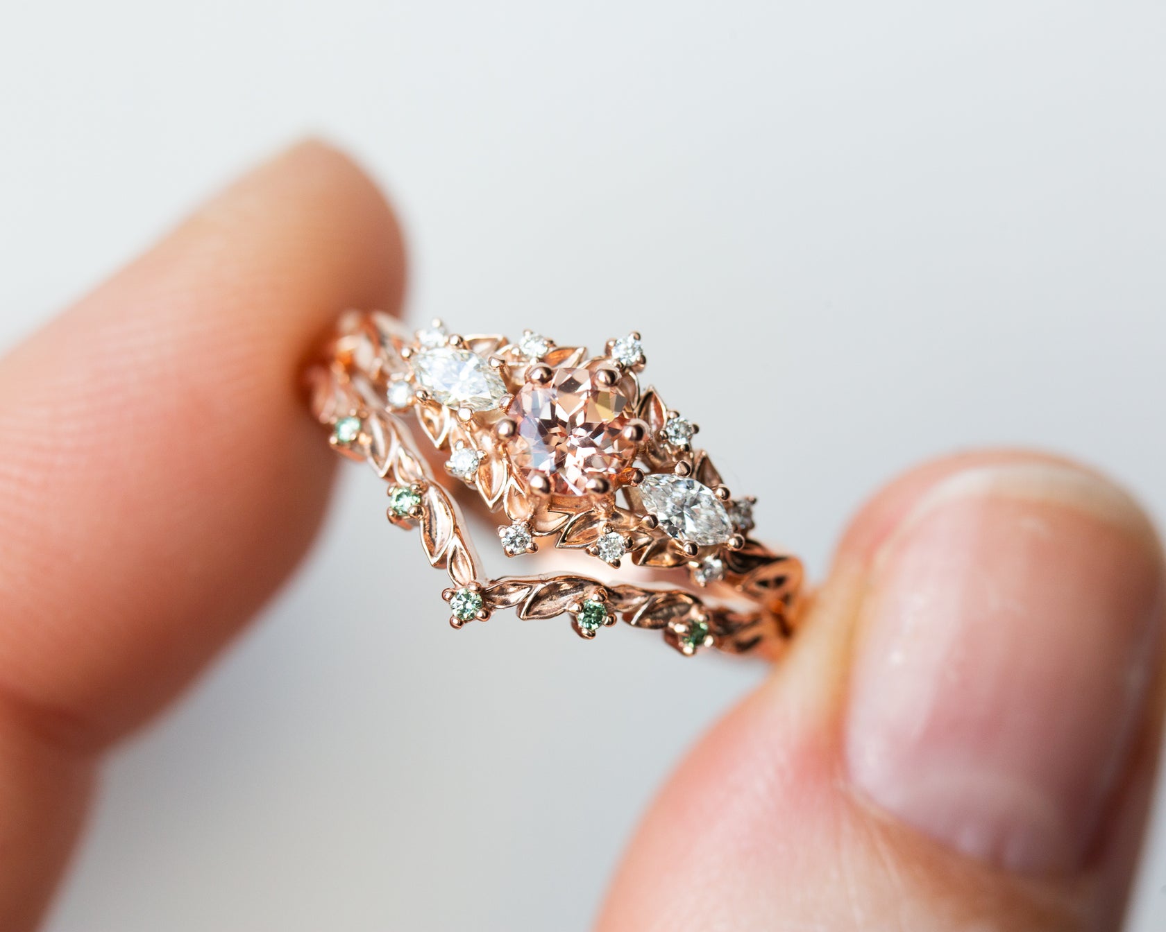 Briar rose three stone with round lab peach sapphire – Oore jewelry